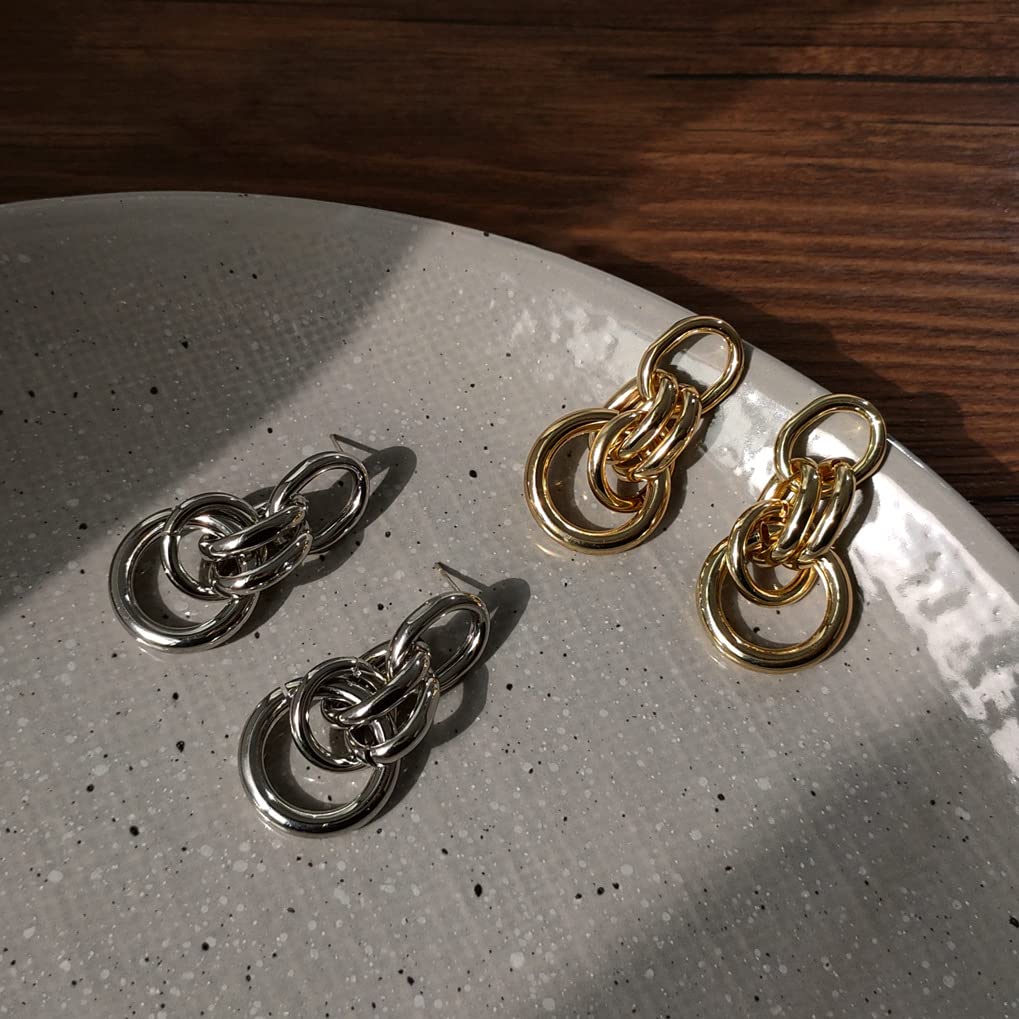 Gold Statement Earrings - Large Geometric Circle Hoop Link Chunky 14K Gold Plated Statement Dangle Earrings for Women Jewelry Gifts (Gold)
