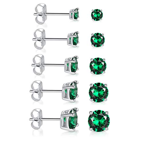 GEMSME 18K White Gold Plated Round Green Sapphire Stud Earrings Pack of 5