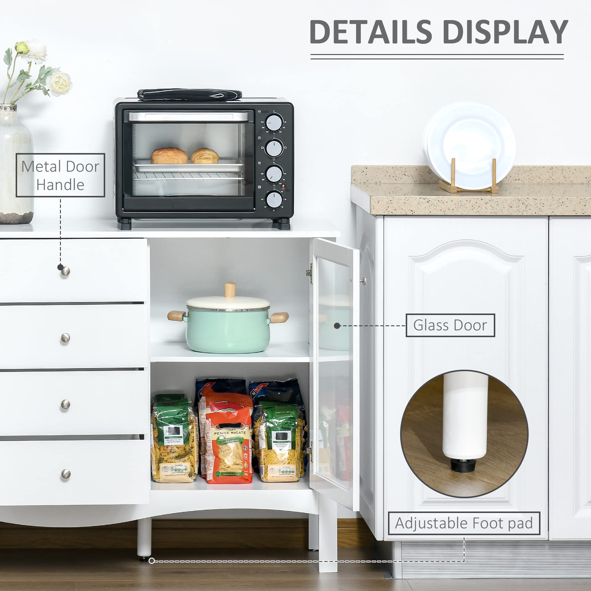 HOMCOM Sideboard Buffet Cabinet, Kitchen Cabinet, Coffee Bar Cabinet with Glass Doors, Drawers and Adjustable Shelves, White