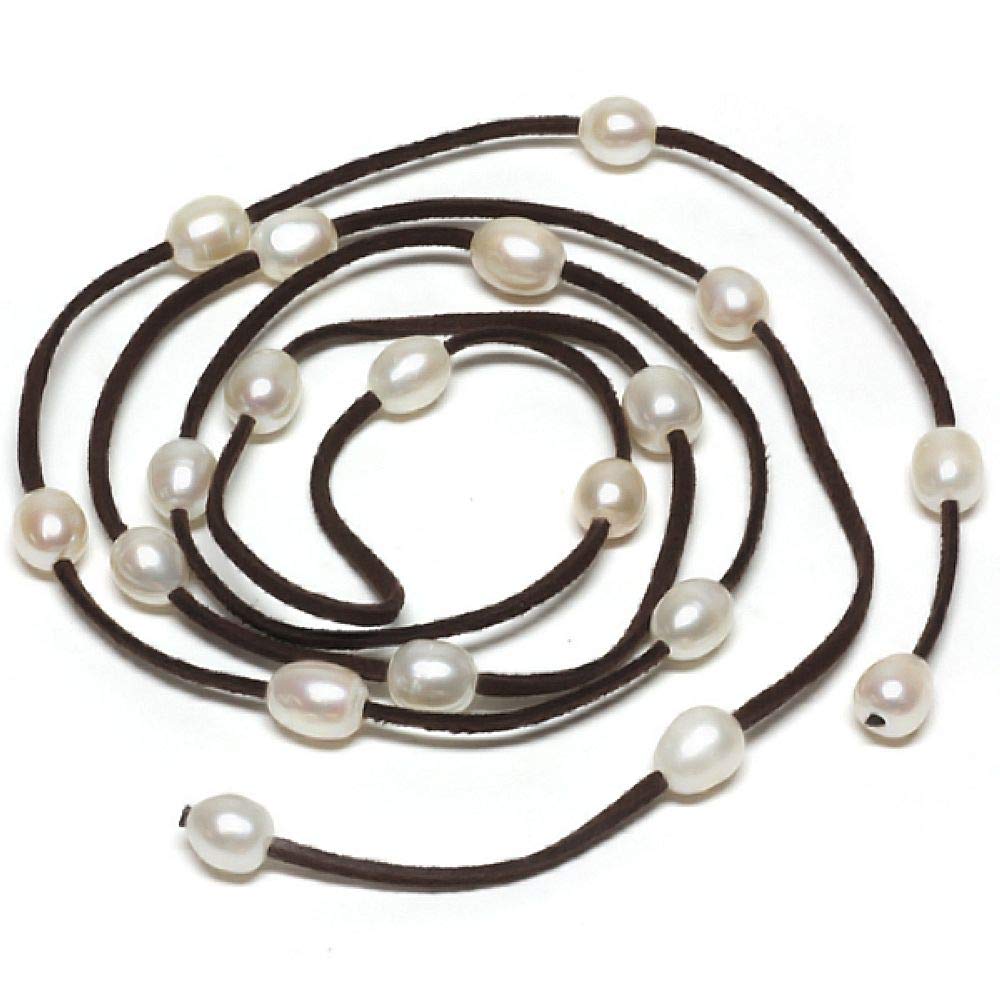 Gem Stone King 48 Inch White Cultured Freshwater Pearl on Brown Leather Wrap Bracelet For Women/Necklace