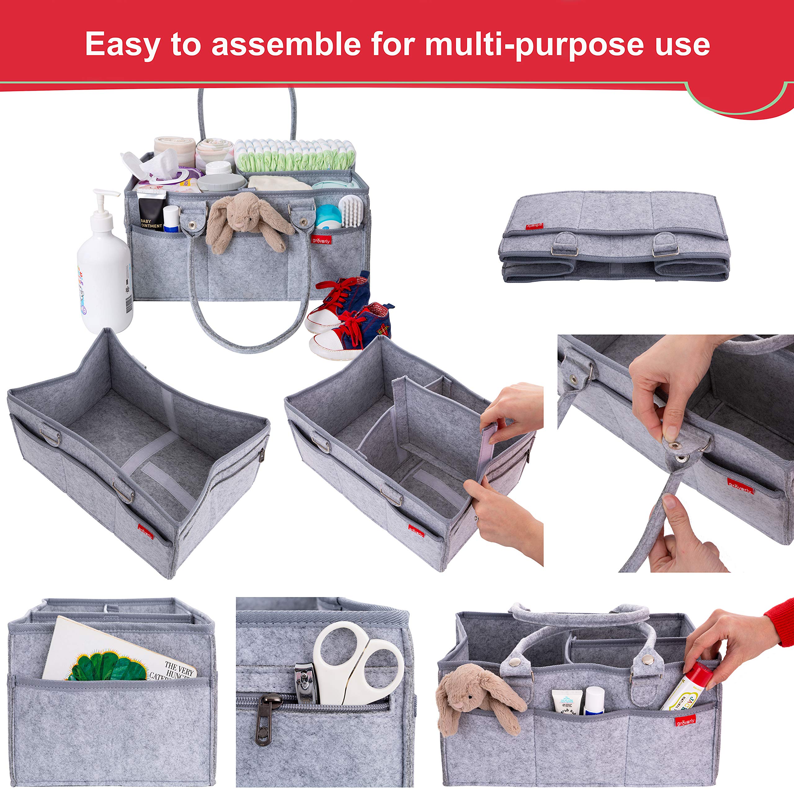 Groverly Baby Diaper Caddy Organizer - Baby Gift Basket | Portable Nursery Changing Table Storage Bag | Removable Handles Grey | Arts Craft Toy Caddy