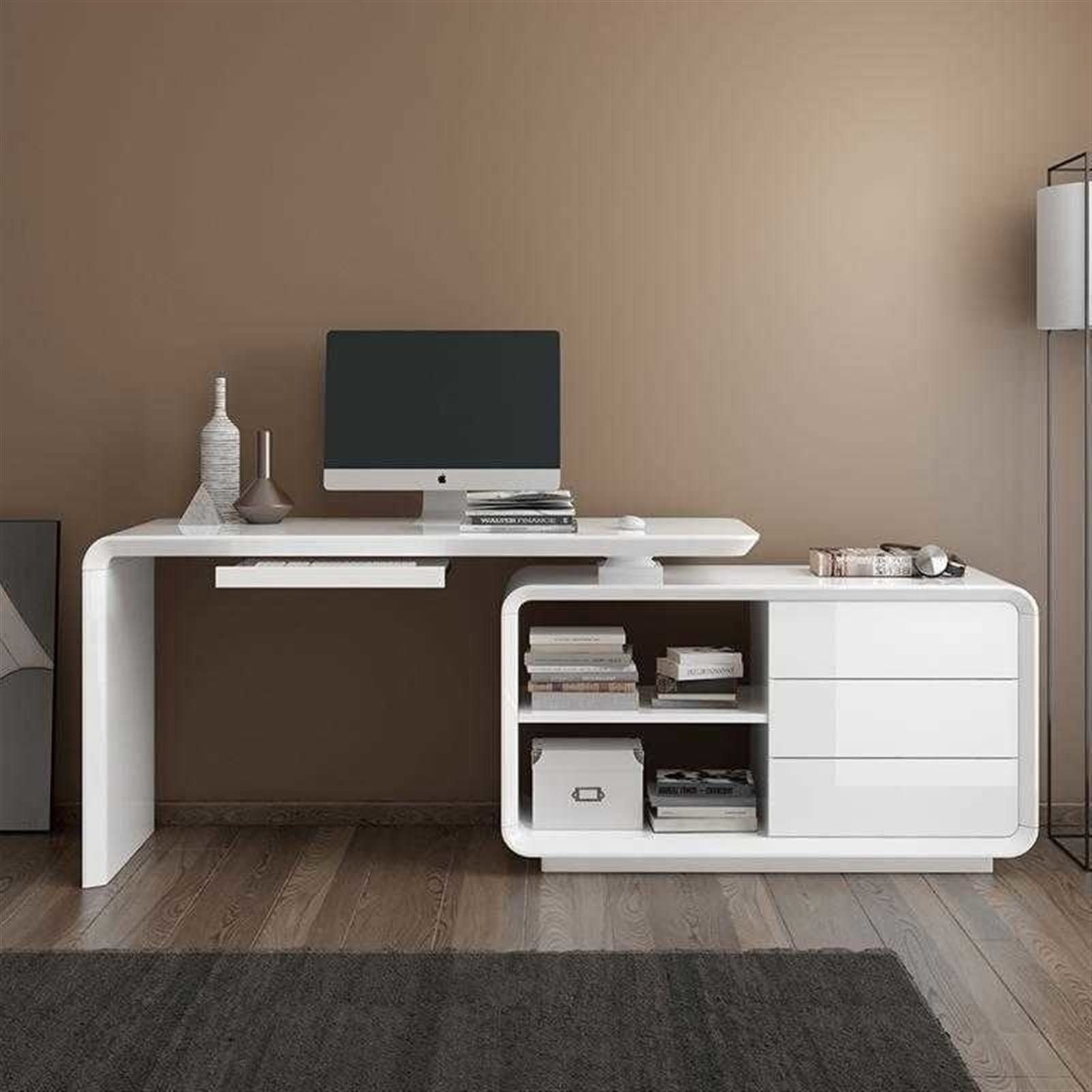 GRFIT Compuer Desk Modern Stylish Multifunctional PC Desk White Corner Table with Bookshelves and Drawers Laptop Workstation Writing Desk with Keyboard Tray PC Desk