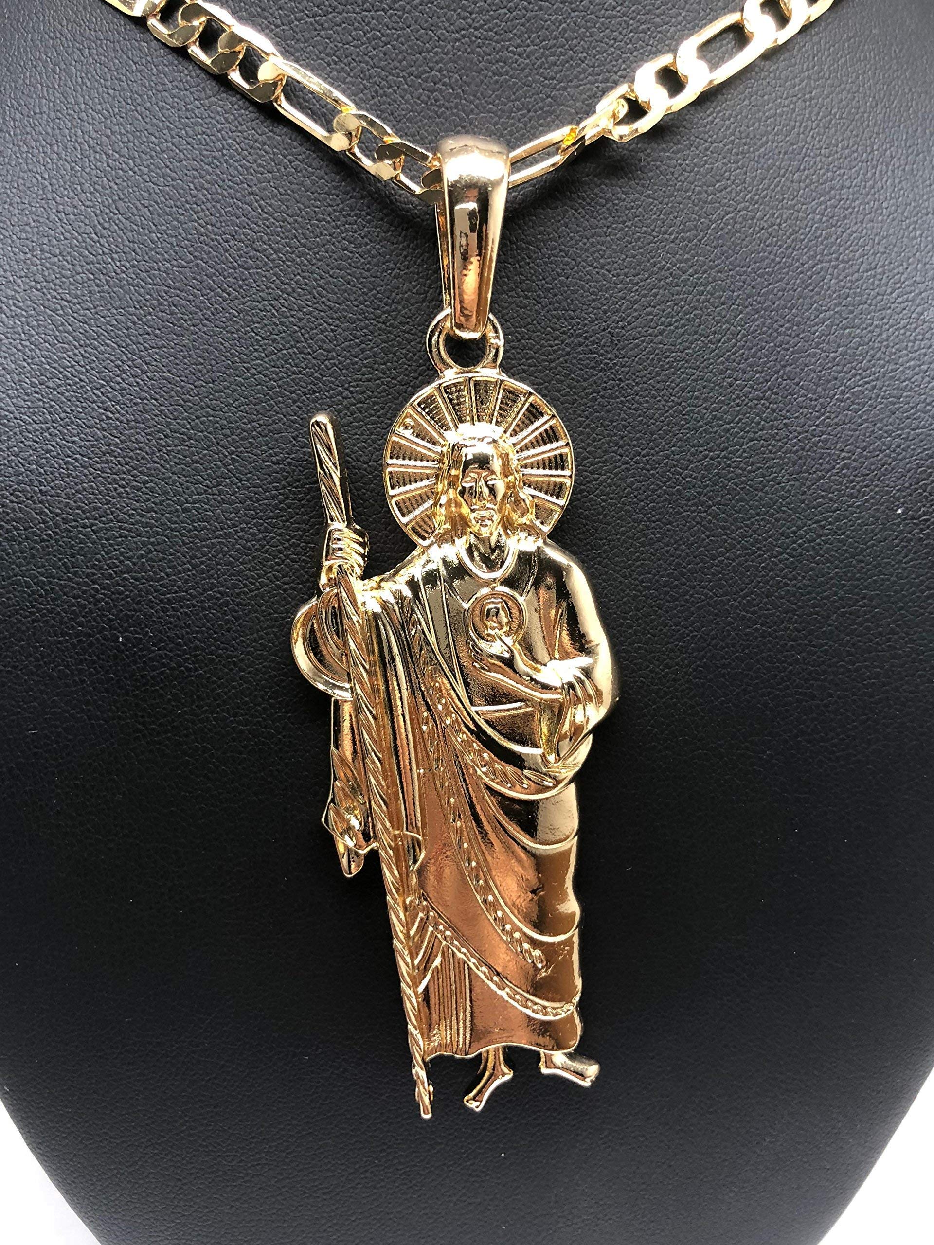 Fran & Co. Jewelry Gold Plated Big Saint Jude Pendant Necklace Figaro 26" San Judas Tadeo Medalla XL Cadena Oro