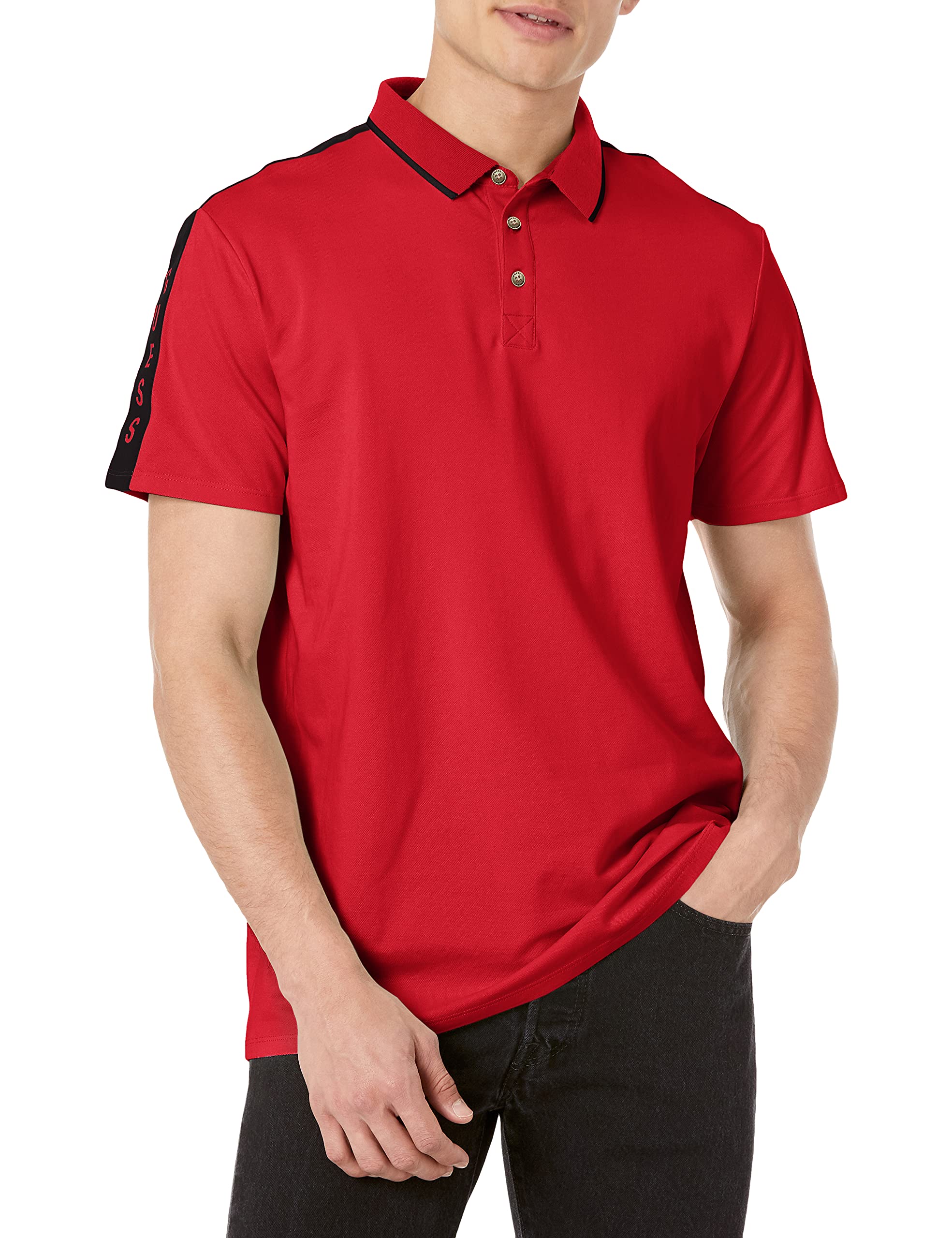 GUESS Men's Essentials Short Sleeve Pique Tape Polo, Chili Red, XL/R