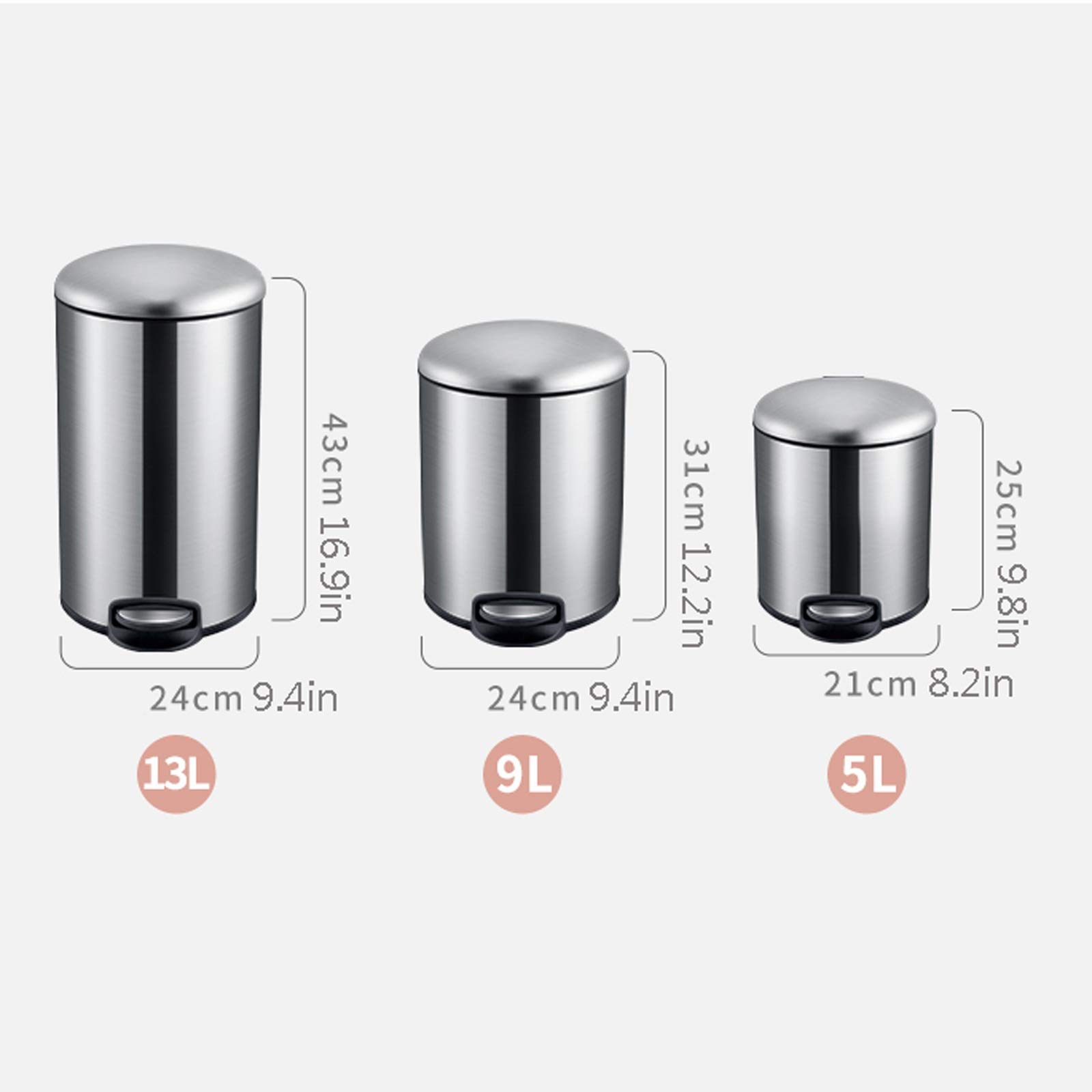 Garbage Recycling Bin Stainless Steel Step Trash Can Home Living Room Bathroom Pedal Garbage Bin Creative Kitchen Foot Pedal with Lid Waste Basket 3 Colors Kitchen Trash Can (Brown 13L)