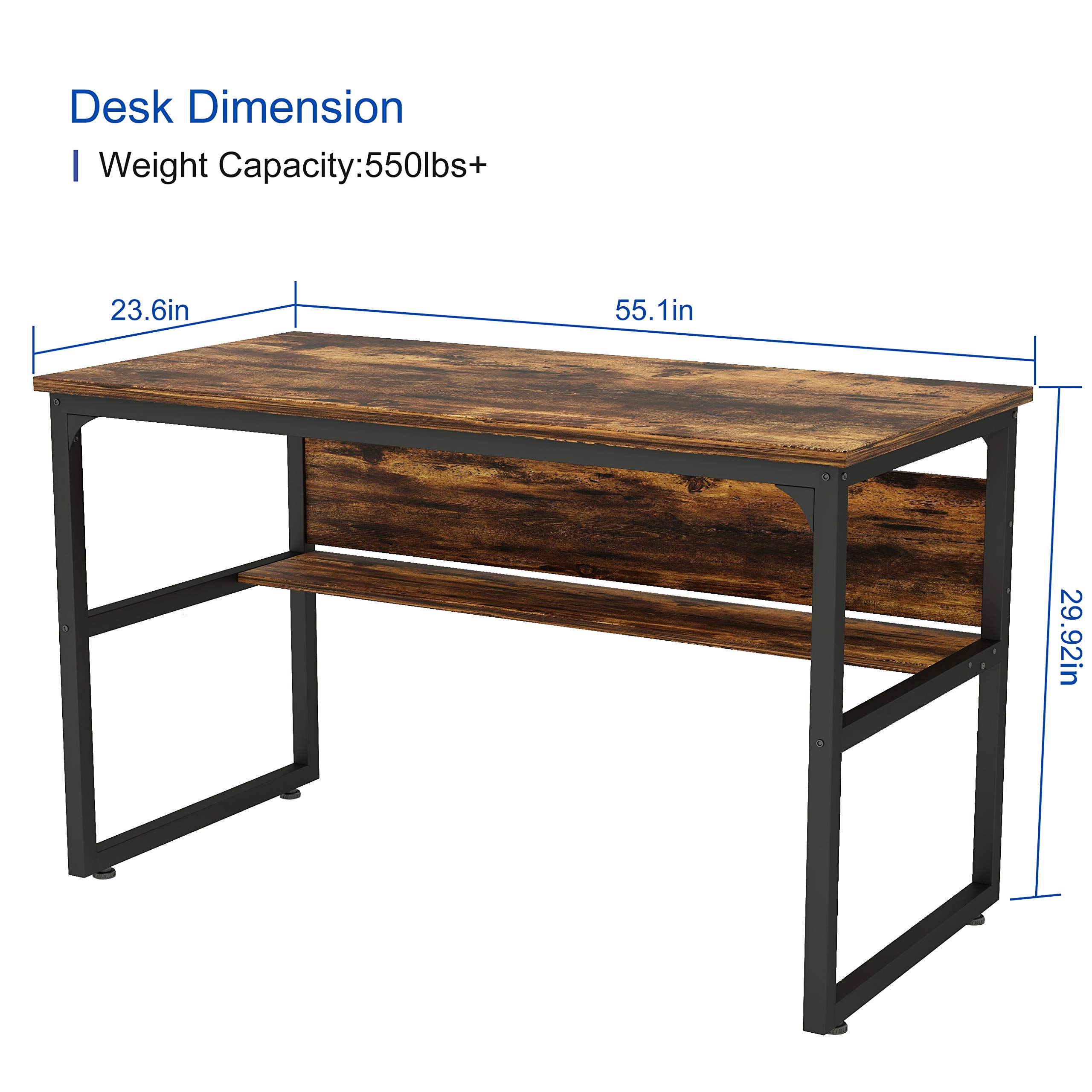 Hanamichi Computer Desk, 55" Computer Table with Bookshelf, Large Space, MDF Durable Board, Environmental Paint, Stable Design for Home Office (Vintage Brown)