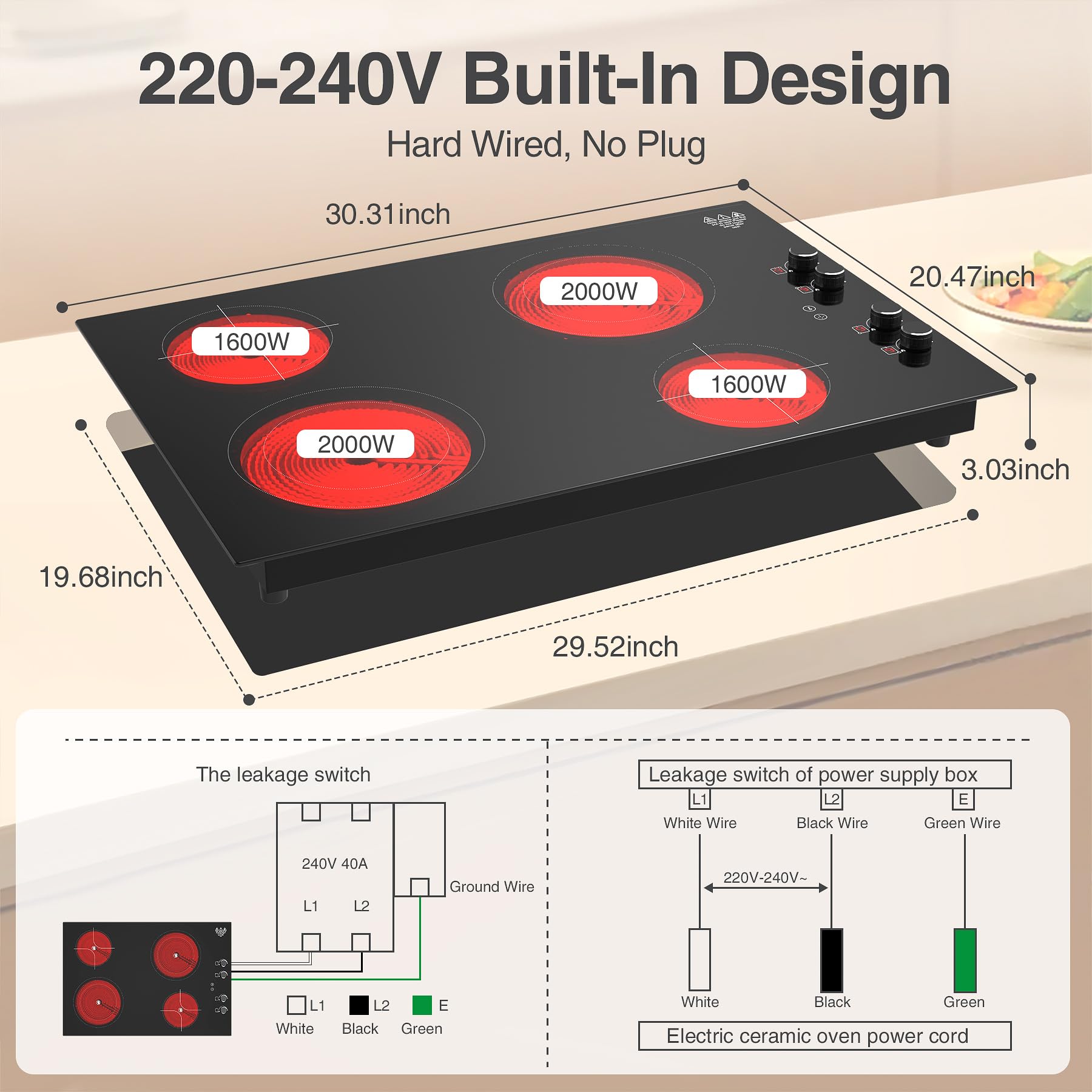 GIHETKUT Electric Cooktop, Hot Plate Electric Control by Knob, Built-in 4 Burners Electric Stove Top with 9 Power Levels, Child Safety Lock & 99mins Timer, 220-240V, 7200W