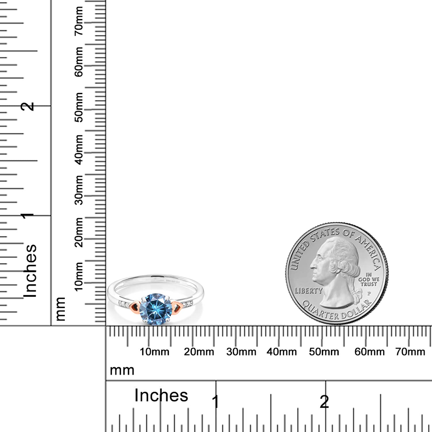Gem Stone King 925 Silver and 10K Rose Gold Persian Blue Moissanite and White Diamond Solitaire Engagement Ring For Women (1.03 Cttw, Round 6.5MM, Gemstone Birthstone, Size 6)