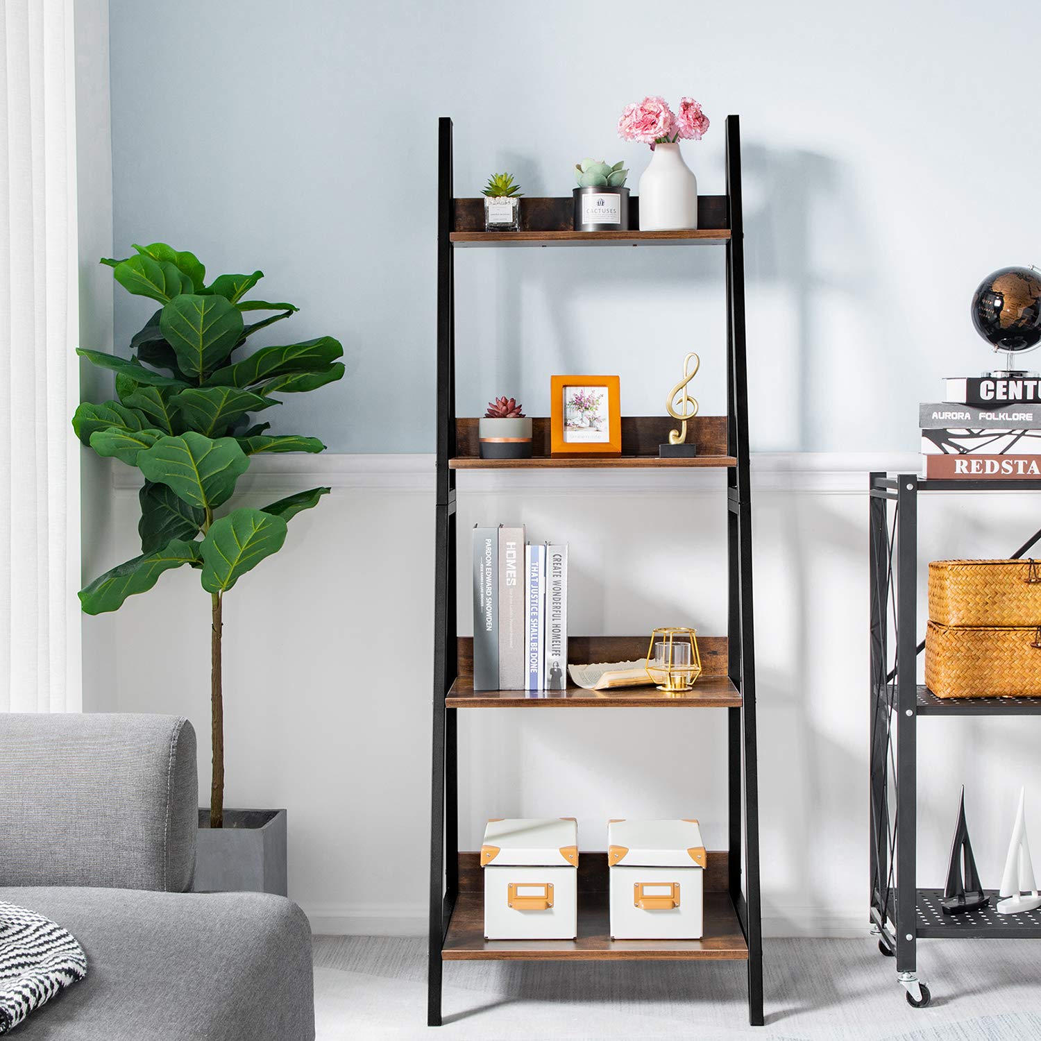 GreenForest Ladder Shelf 4 Tier Bookshelf Industrial Bookcase Storage Rack Shelves for Living Room, Home Office, Brown