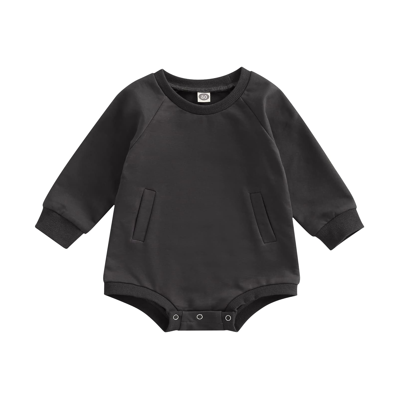 Newborn Infant Baby Boy Girl Basic Plain Pocket Long Sleeve Romper Bodysuit Tops Solid Fall Outfit Clothes (Black Gray, 0-6 Months)