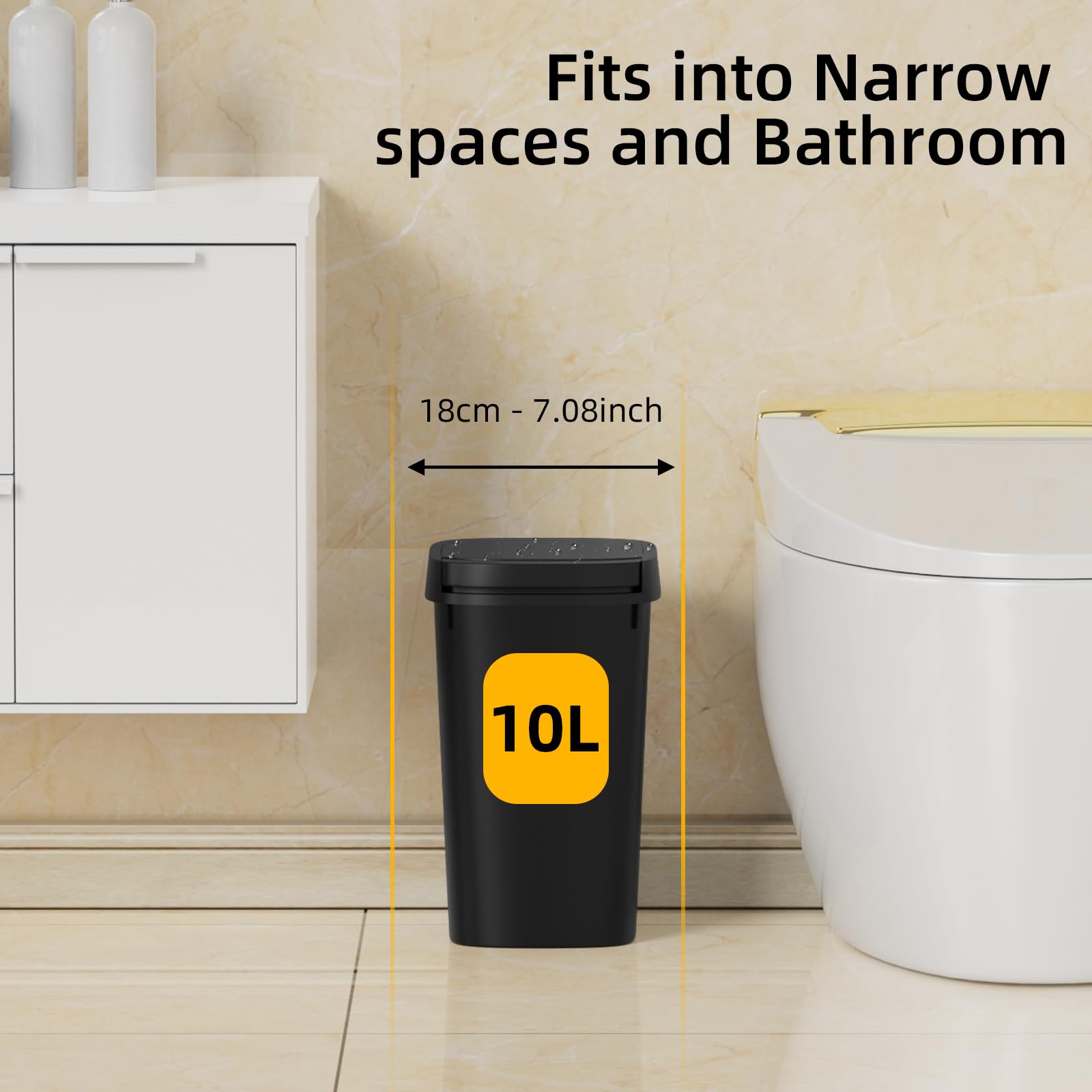 KSSKSS 3 Pack Bathroom Small Trash Can with Lid, 2.6 Gallon Slim Garbage Bin with Pop-Up Lid, 10L Plastic Wastebasket with Press Top Lid for Bedroom, Office, Kitchen, Toilet (Black)