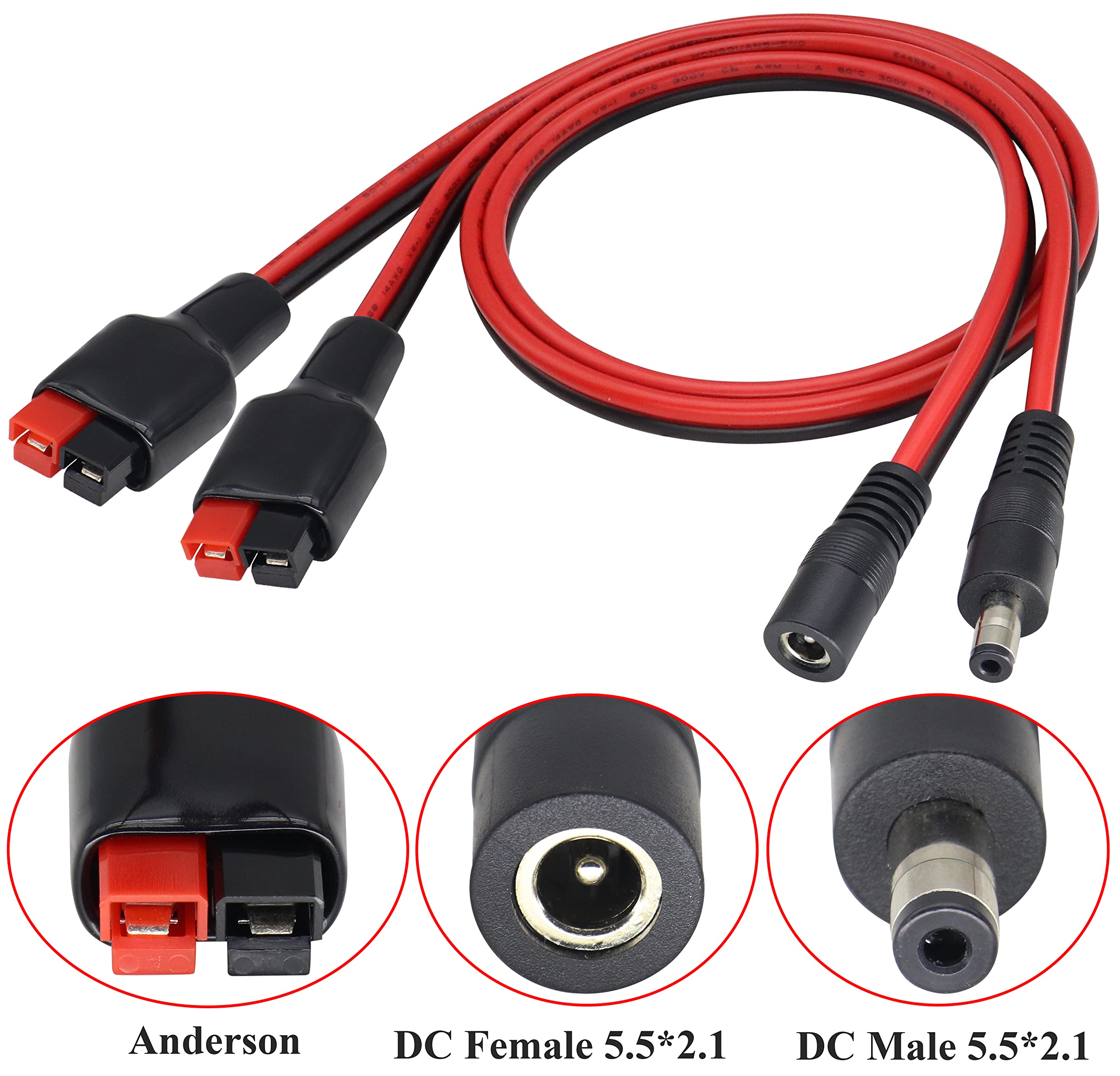 HCFeng 14AWG DC 5521Male/Female Power Plug to an-der-Son Cable 45A Solar Connector to DC5.5X2.1MM Cable Compatible with an-der-Son Port for Generator Battery and Foldable Solar Panel[60CM/2Ft]