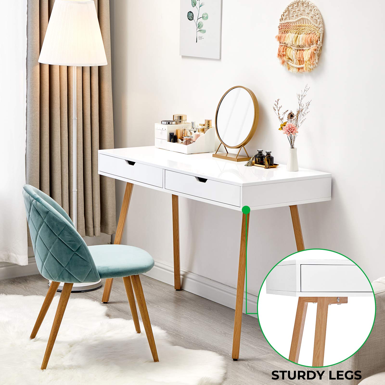 GreenForest Vanity Desk 39 inch Computer Writing Desk with Glossy White Tabletop and 2 Drawers Modern Bedroom Makeup Table Home Office Desk