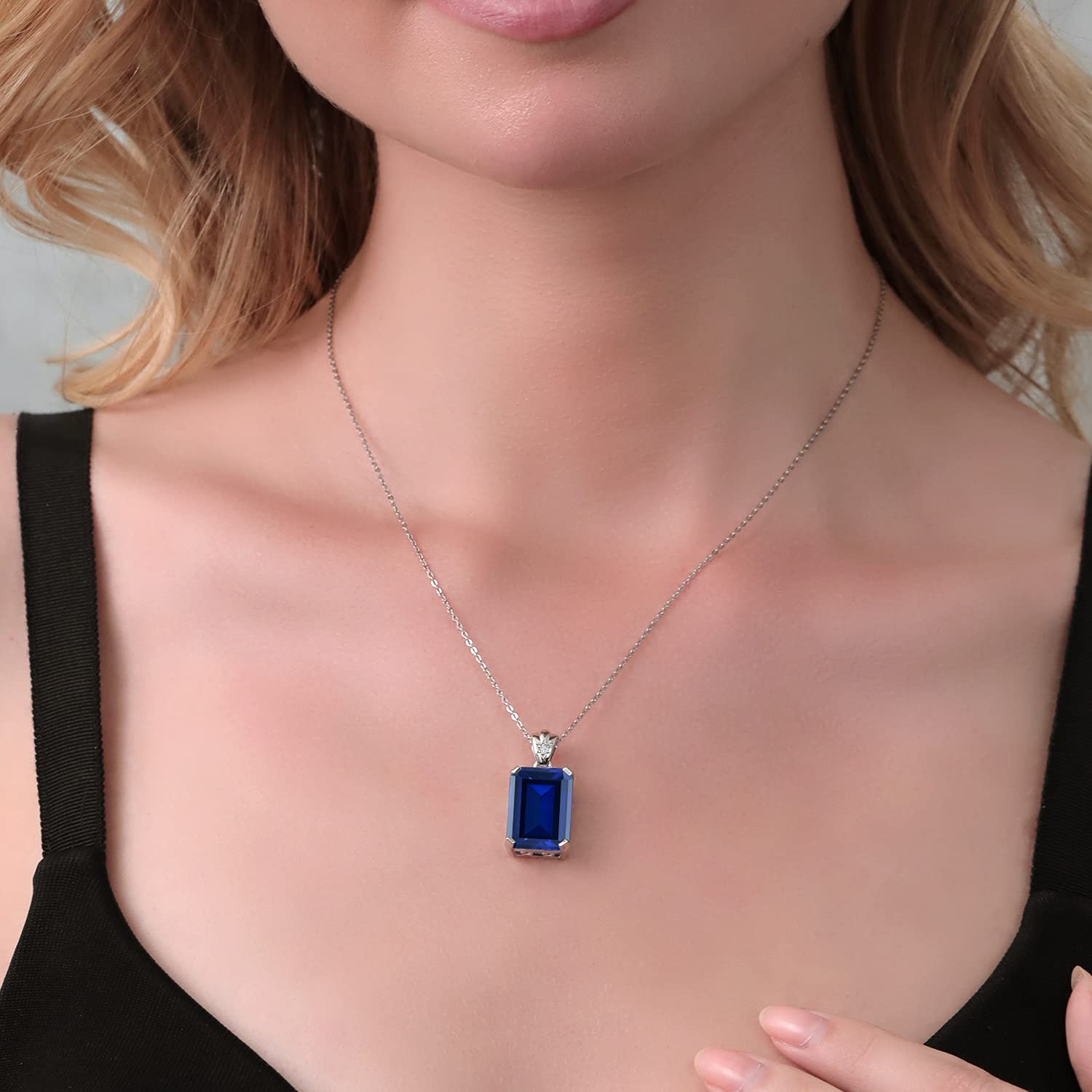 Gem Stone King 17.53 Cttw Blue Created Sapphire and White Topaz Pendant Necklace For Women In 925 Sterling Silver | Emerald Cut 18X13MM | With 18 Inch Silver Chain