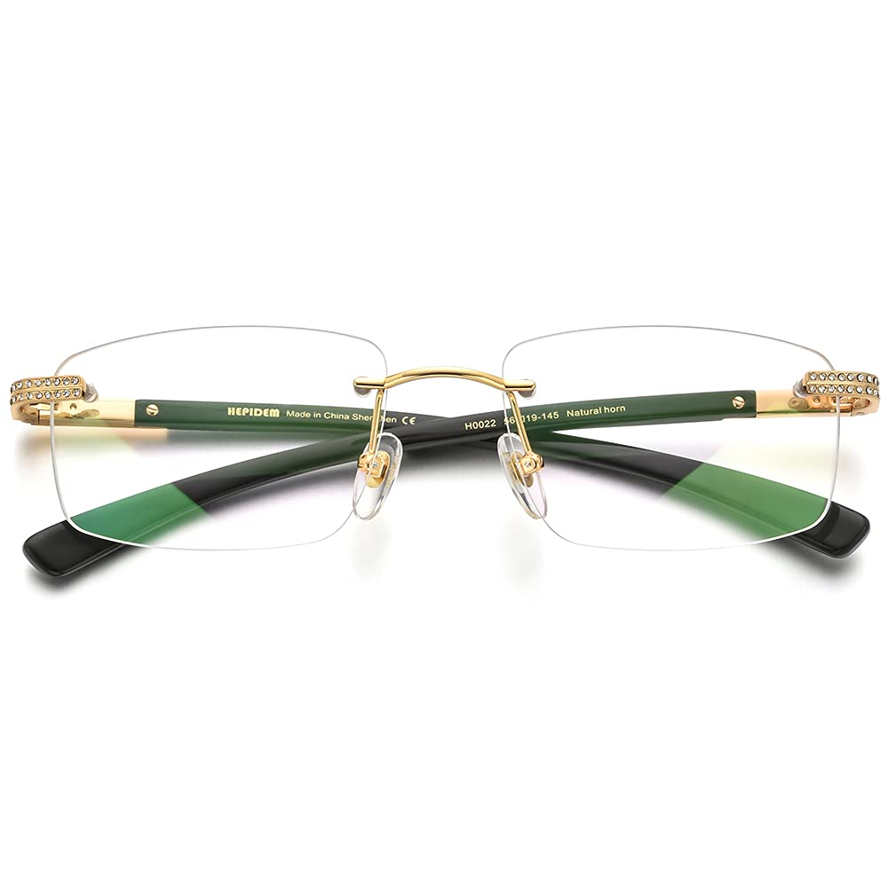 HEPIDEM 100% Really Buffalo Horn Glasses,Square Rimless Luxury Buffs Eyeglasses With Diamonds (Black 0023)