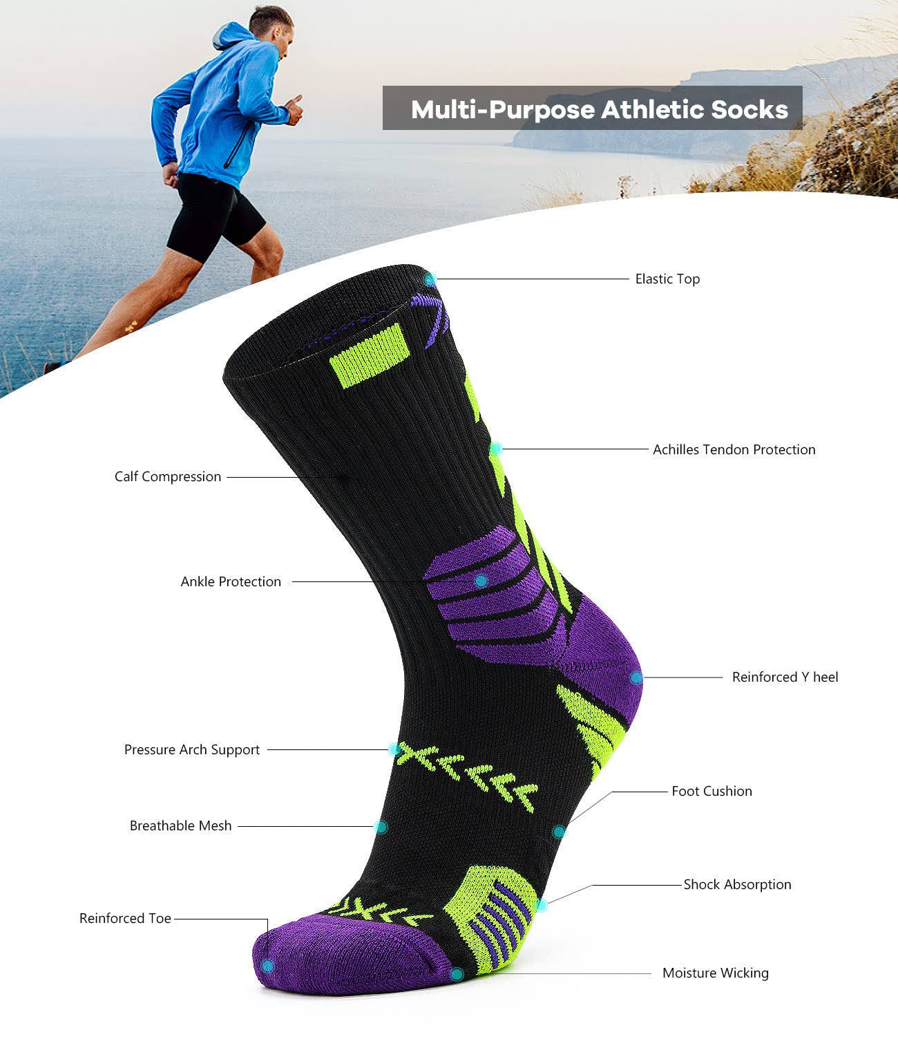 GOQCN Mens Basketball Socks Elite Athletic Crew Socks for Womens Youth Boys Grey Black, 6-12