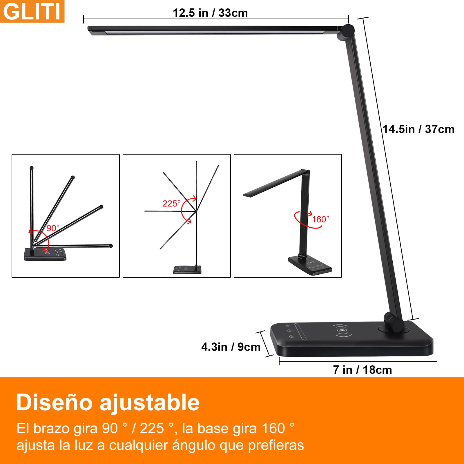 GLITI LED Desk Lamp with Wireless Charging,Dimmable Desk Light, 5 Light Colors, 6 Brightness Levels, Touch Control Table Lamp with USB Rechargeable, Auto Timer, for College Dorm, Home, Office