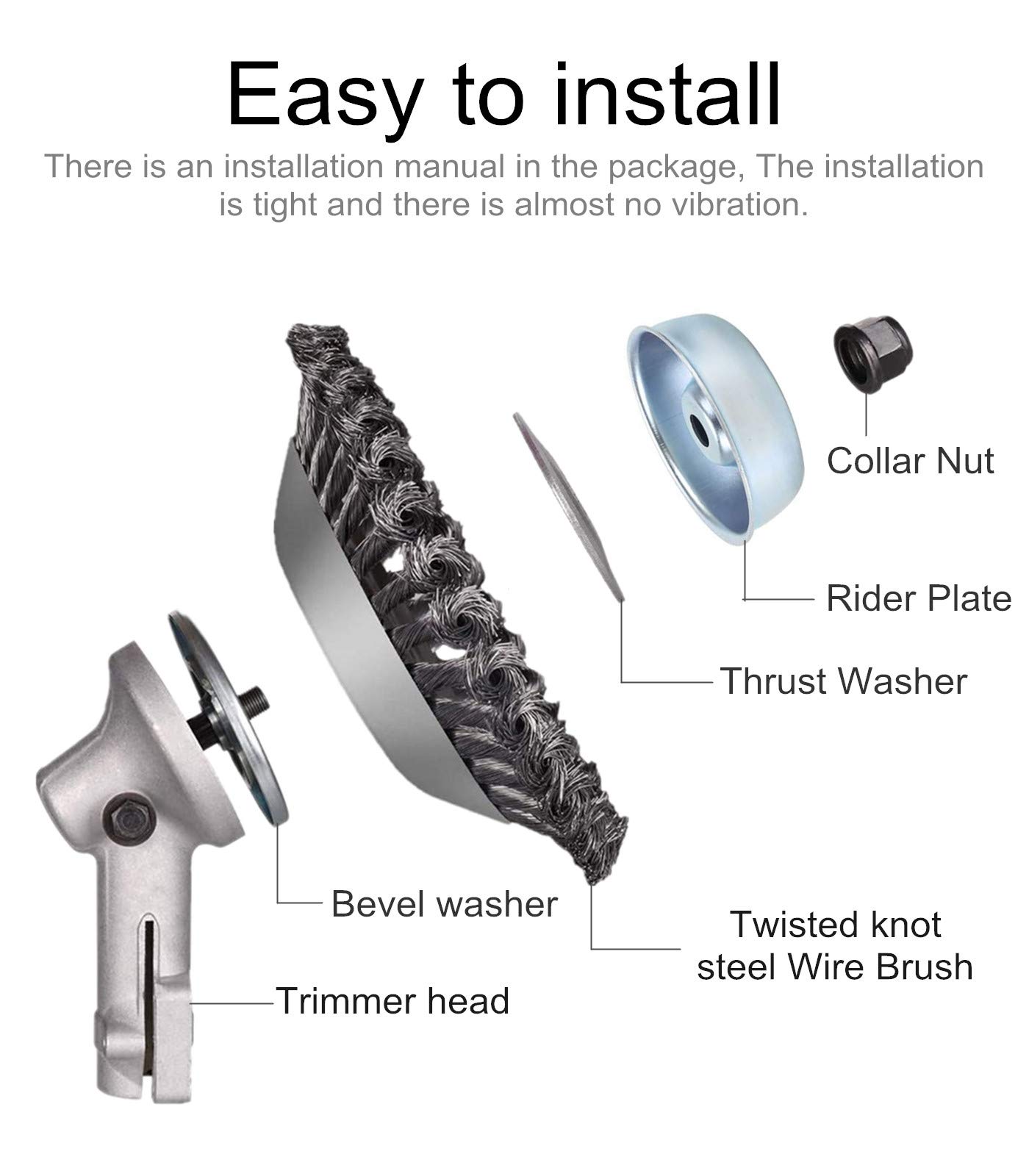 GS 6Pcs 8 in Steel Wire Brush Cutter Trimmer Head Set,with Thrust Washer, Rider Plate, Collar Nut, Maintenance Screwdriver, Bevel Washer,Adapter Kit for String Trimmers, Rust Removal, Lawn Mower