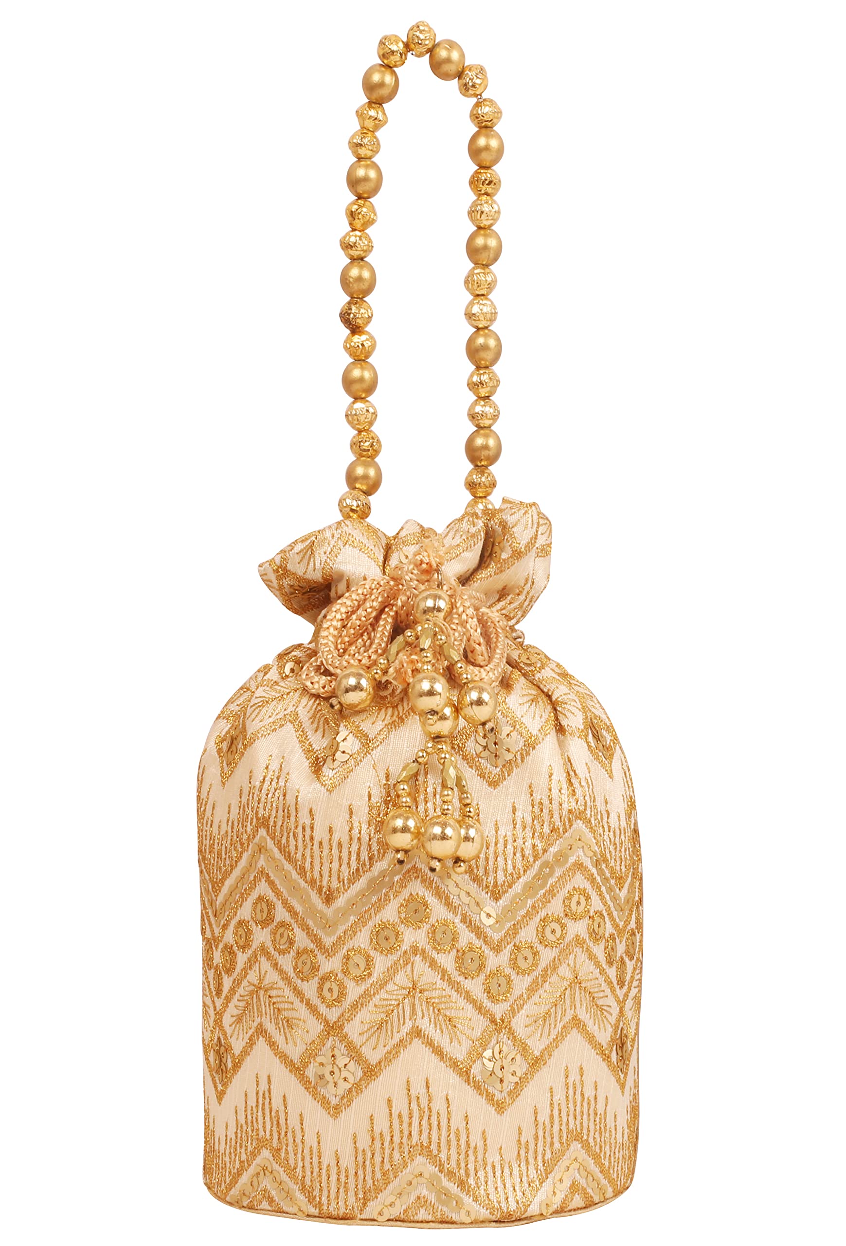 INDTRESOR beaded handcrafted brocade evening purse drawstring handbag vintage party wedding gift for women. Cream Gold