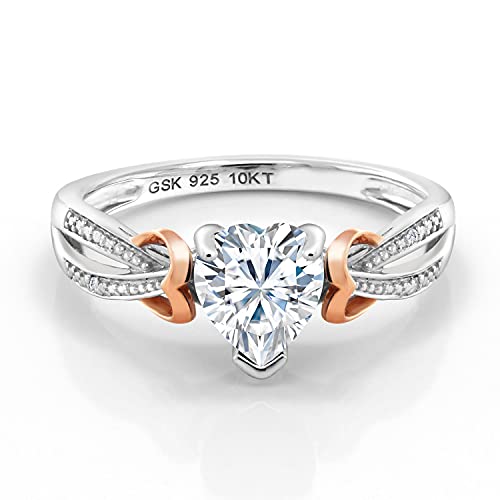 Gem Stone King 925 Sterling Silver and 10K Rose Gold White Heart Shape Moissanite and White Diamond Women Ring (0.81 Cttw, Available In Size 5, 6, 7, 8, 9)