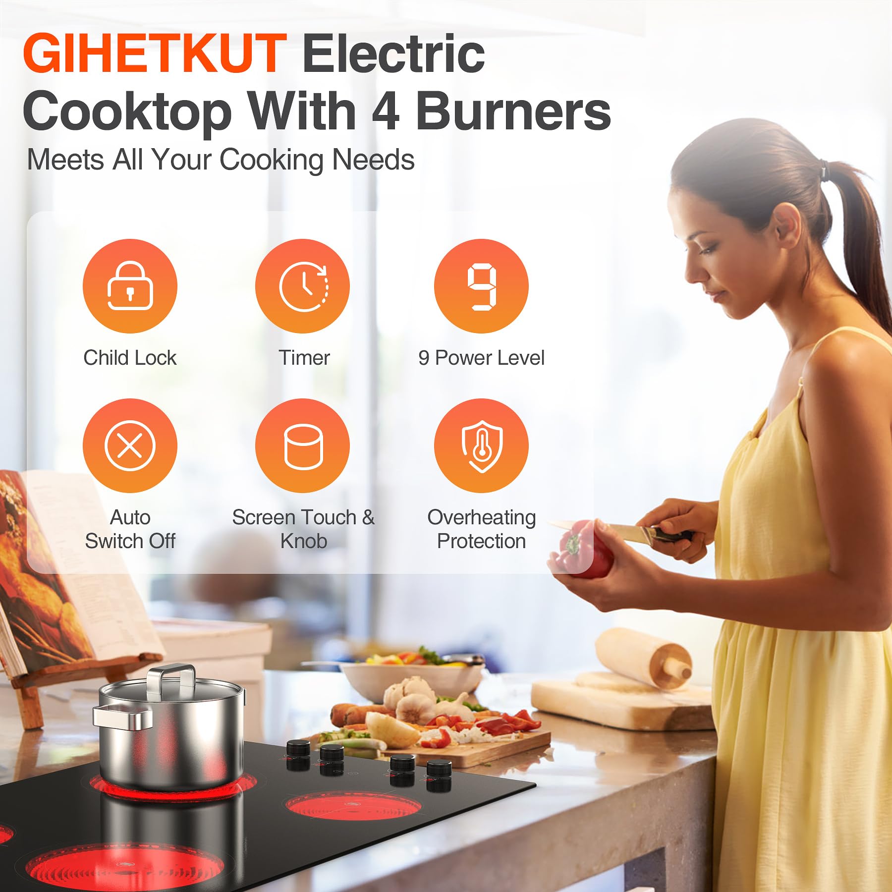 GIHETKUT Electric Cooktop, Hot Plate Electric Control by Knob, Built-in 4 Burners Electric Stove Top with 9 Power Levels, Child Safety Lock & 99mins Timer, 220-240V, 7200W