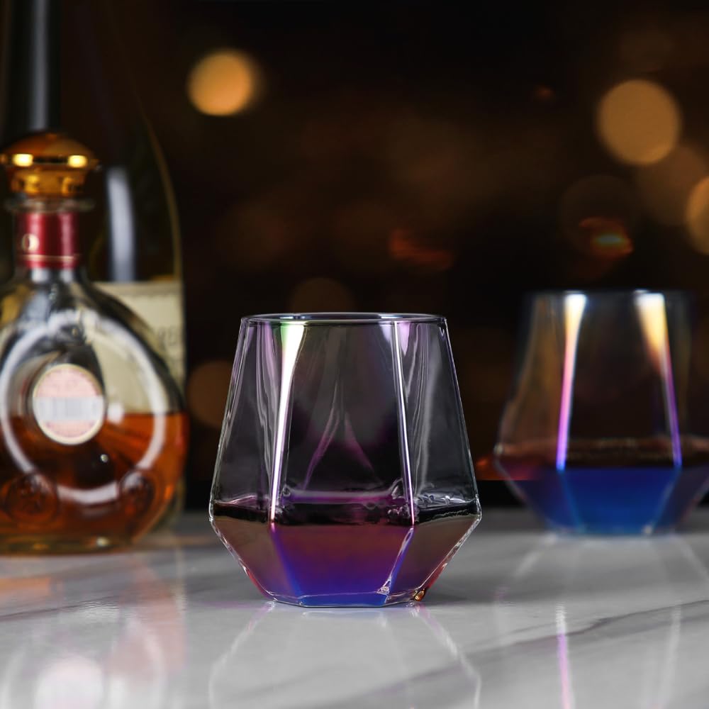 Glitzibles Premium Cube Glass Cup Set - Stemless Wine Glass Set of 2 (10 Oz) - Iridescent Glassware Gift for Wine Lovers - Diamond Rainbow Glasses for White Wine, Red Wine, and Bourbon