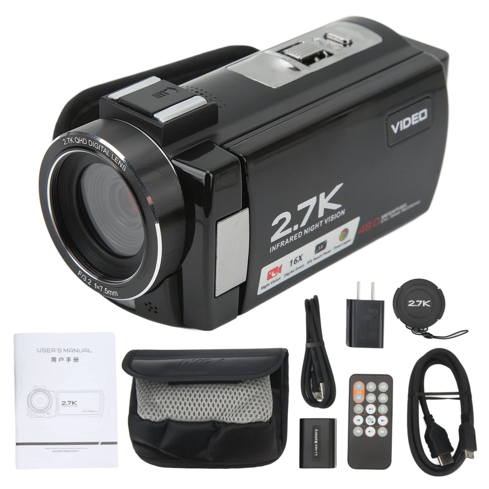 HD Digital Camera, 3 Inch IPS Screen Full HD Resolution 2.7K 100-240V DV Camera for Video Recording (US Plug)