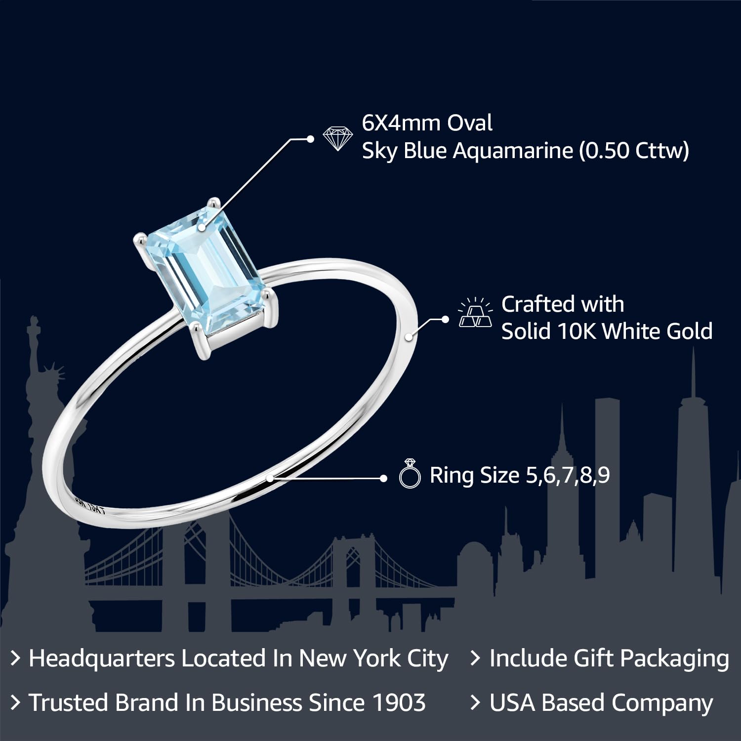 Gem Stone King 10K White Gold Emerald Cut Sky Blue Aquamarine Solitaire Engagement Ring For Women (0.50 Cttw, Gemstone Birthstone, Available In Size 5, 6, 7, 8, 9)