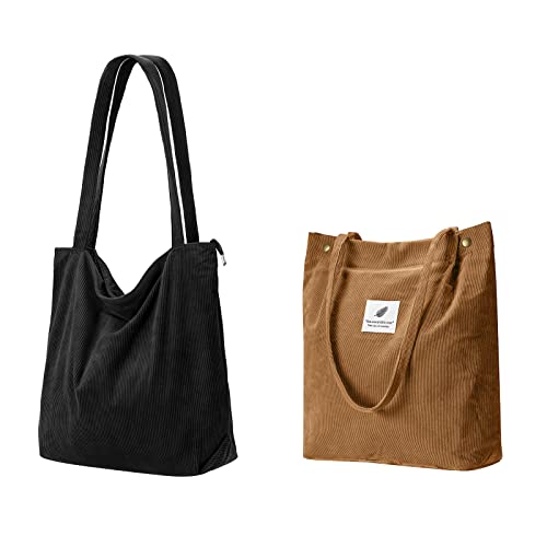 Iioscre Corduroy Tote Bag for Women,Tote Bag for School,Large Capacity Zipper Casual Shoulder Bag with Inner Pockets