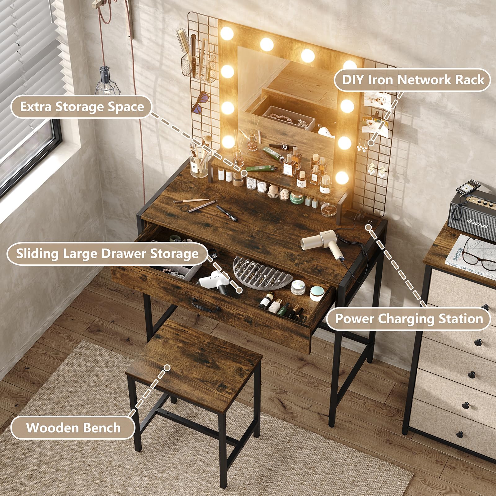 Furniouse 33" W Vanity Desk, Vanity Mirror with Lights and Table Set with Drawers, Vanity Set 3 Lighting Modes Brightness Adjustable for Bedroom Studio