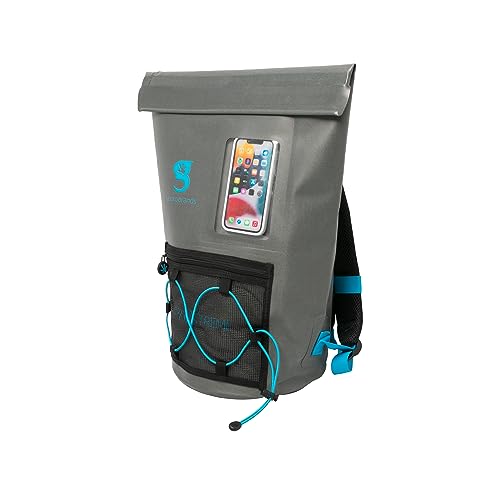 geckobrands Optixtreme Hydroner 20L Waterproof Dry Bag Backpack, Grey/Neon Blue - Lightweight Travel Bag with Phone Pouch