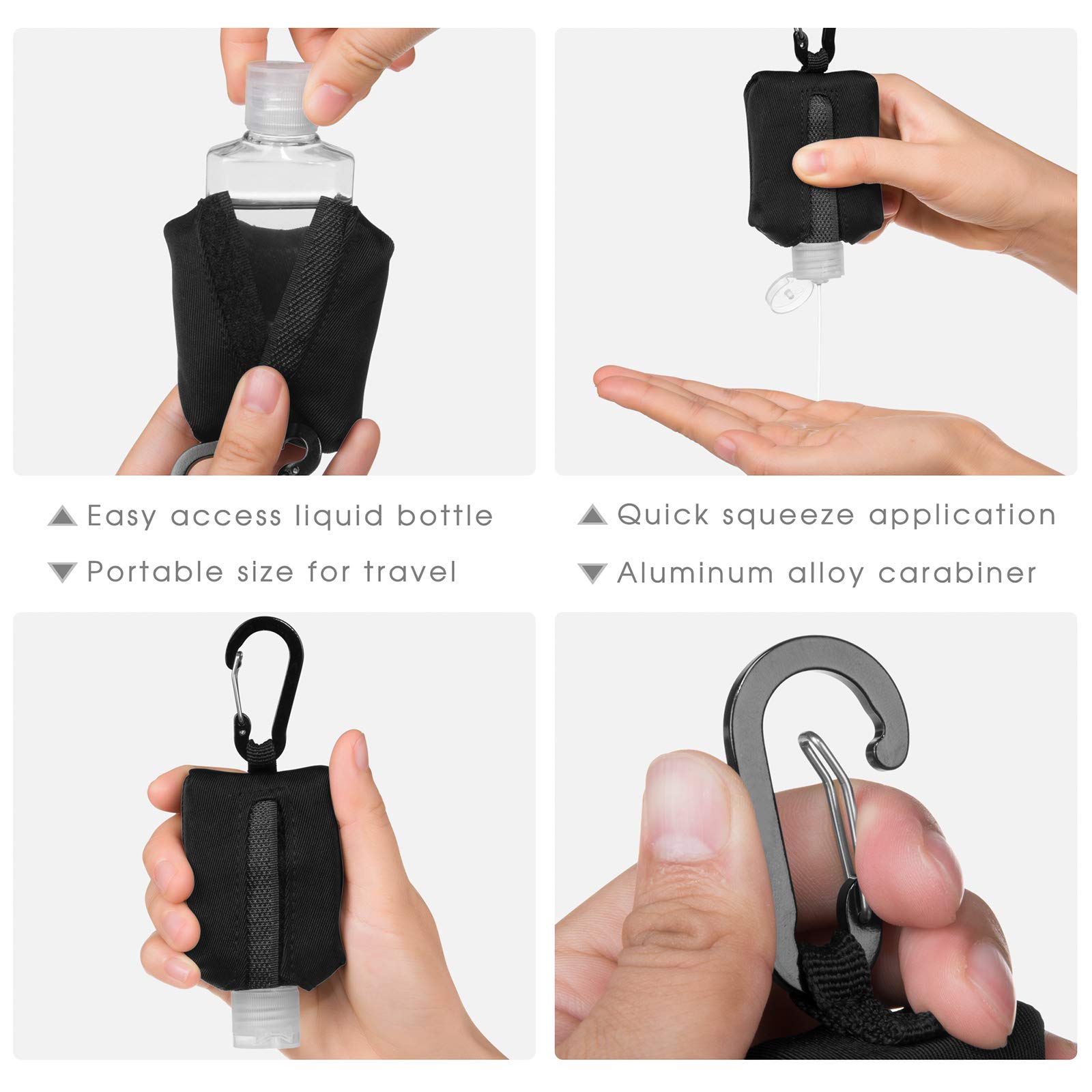 Hand Sanitizer Bottle Case Holder, Jollsung Travel Size Empty Bottle Refillable Containers for Soap, Lotion, and Liquids - 60ML/2 oz Flip Cap Reusable Bottles with Carabiner Carriers (Black)