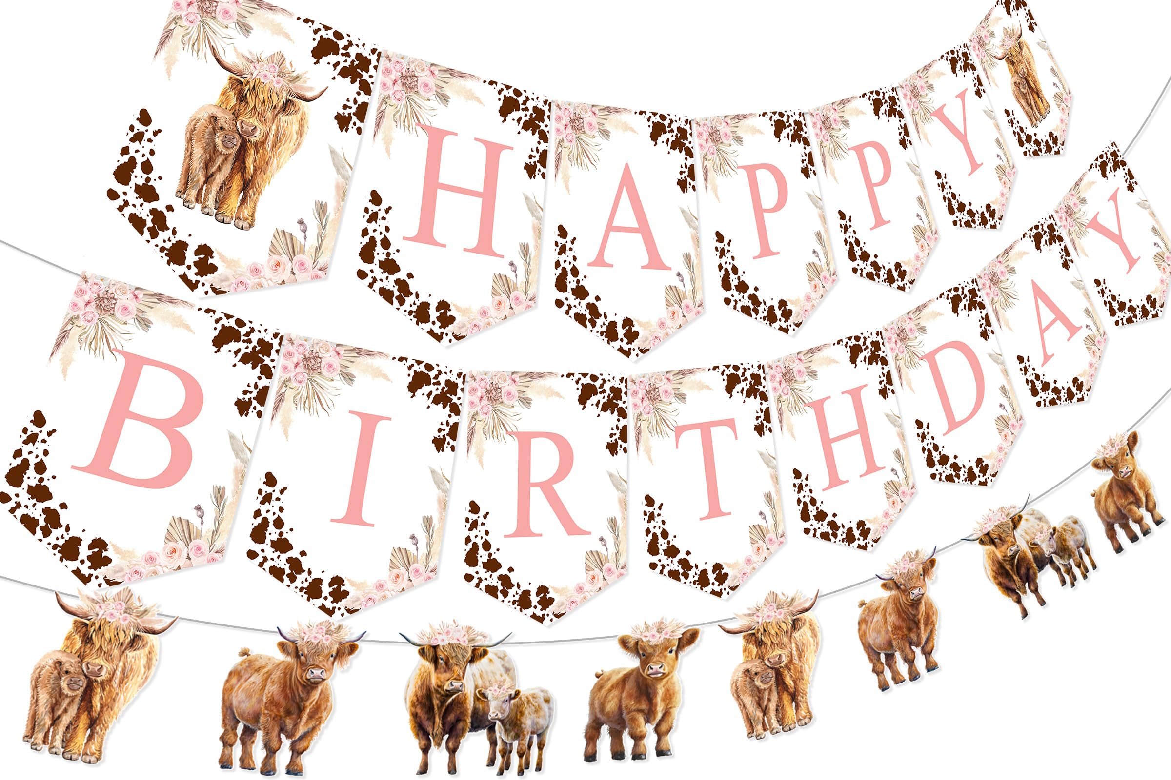 Highland Cow Birthday Decorations Girl - Highland Cow Happy Birthday Banner, Garland, Boho Retro Floral Highland Cattle Holy Cow Farm Animal Birthday Party Decorations