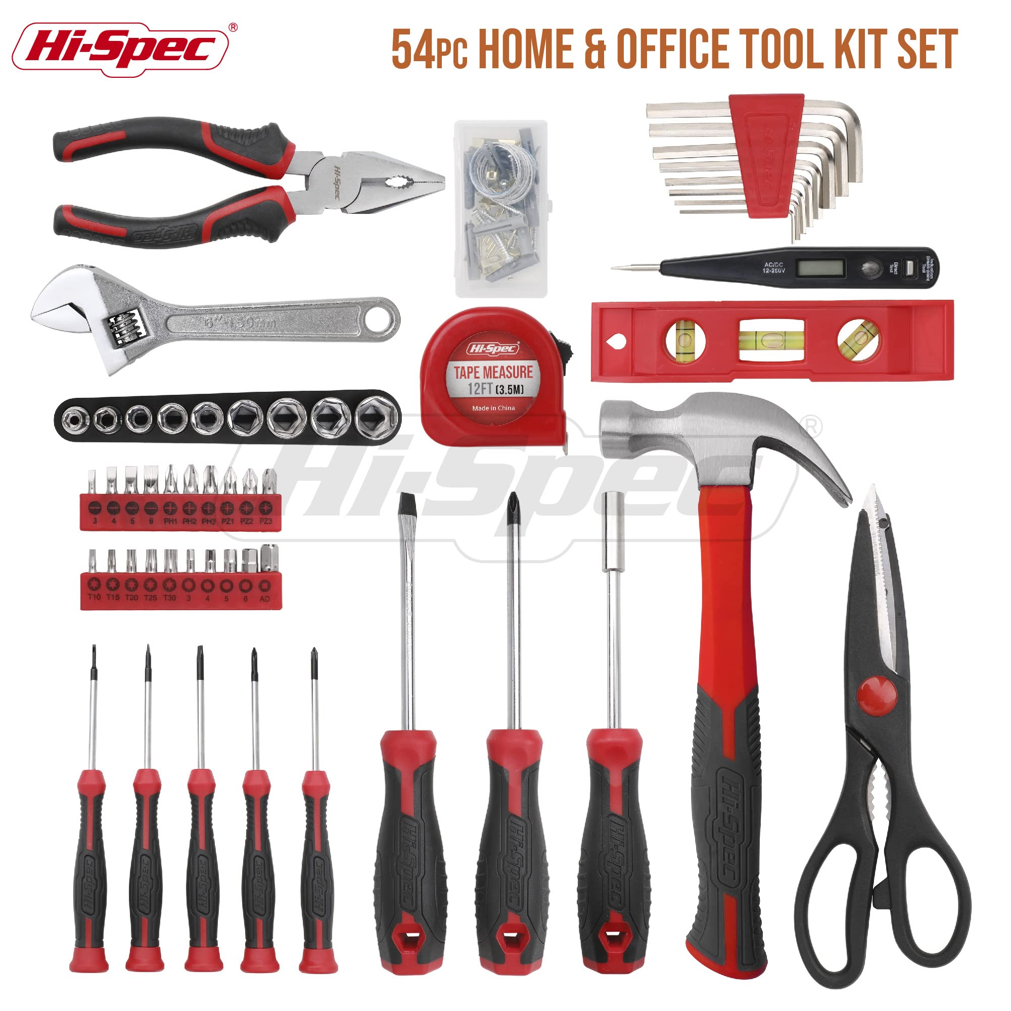 Hi-Spec 54pc Red Home DIY Tool Kit for The Household, Office & Garage. Complete Basic House Tool Box Set