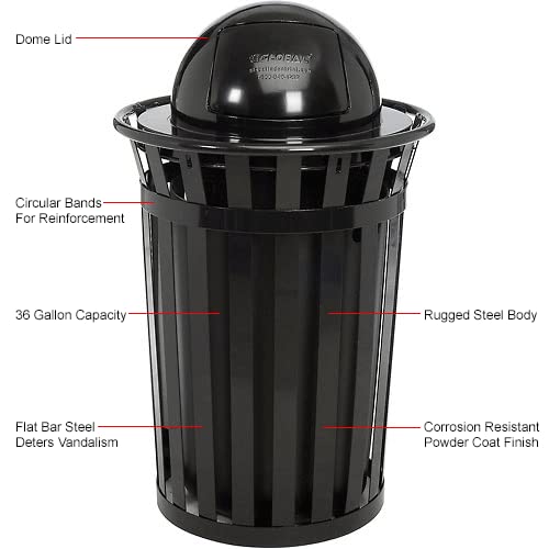 Global Industrial 36 Gallon Outdoor Metal Slatted Trash Receptacle with Dome Lid, Black
