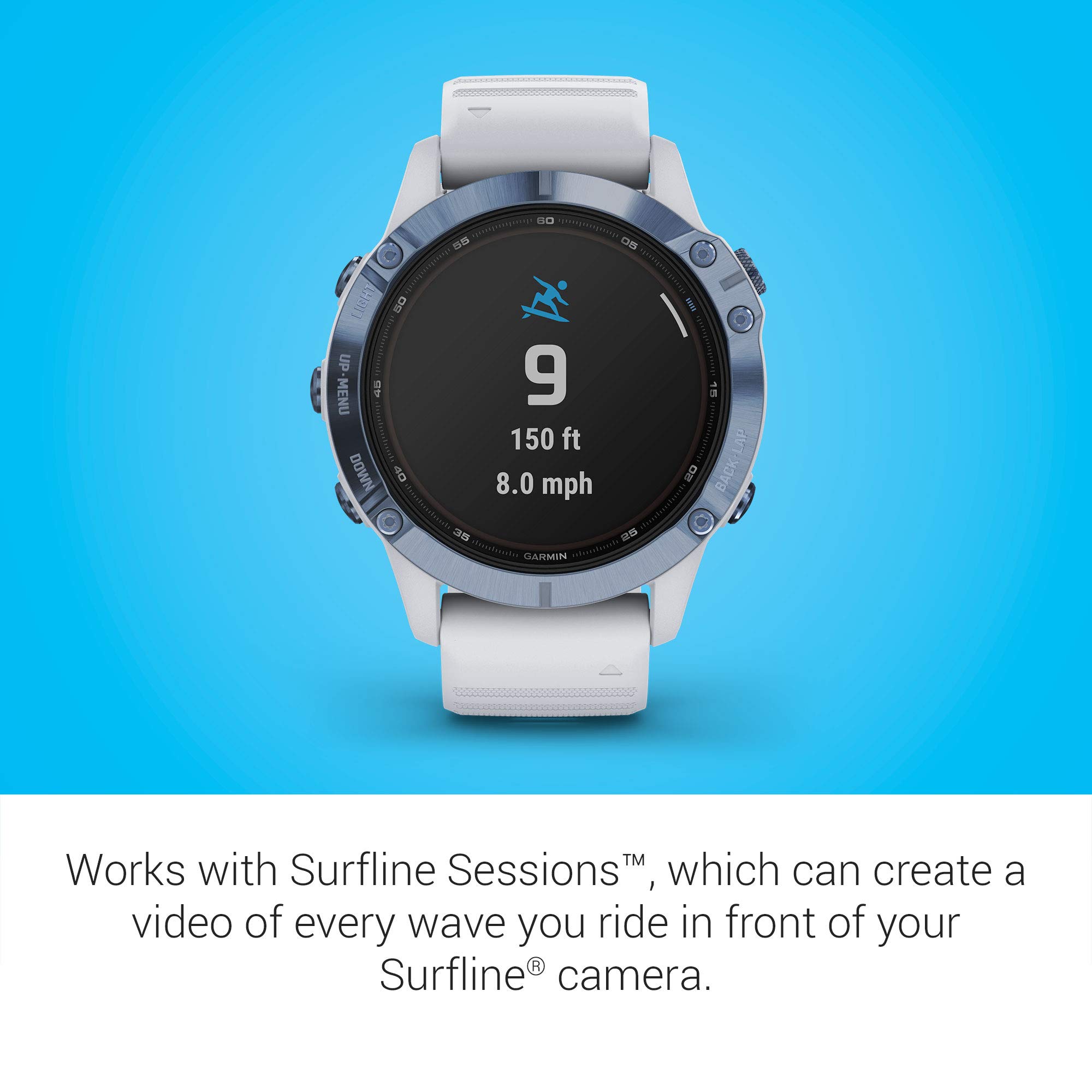Garmin fenix 6 Pro Solar, Multisport GPS Watch with Solar Charging Capabilities, Advanced Training Features and Data, Mineral Blue with White Band
