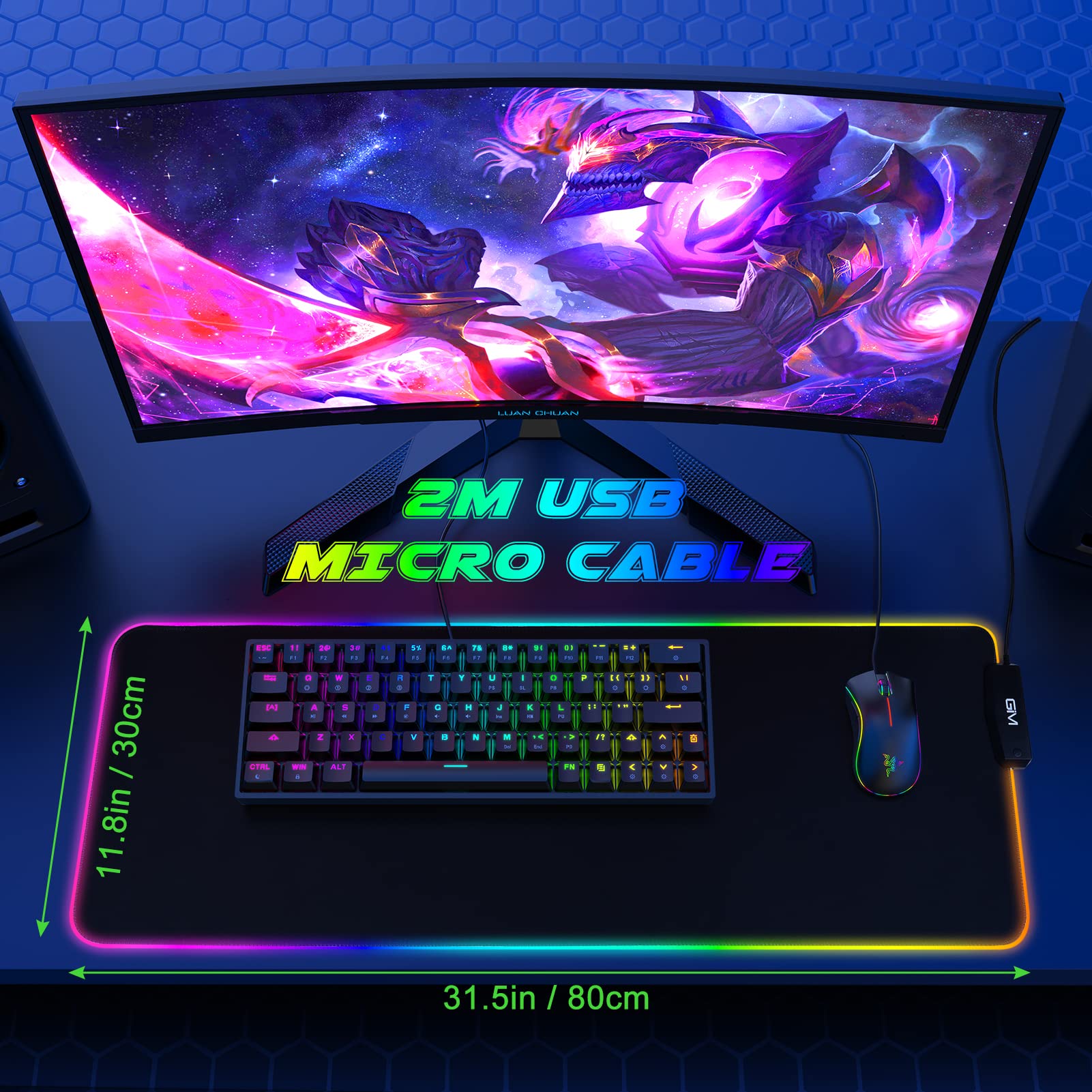 GIM RGB Gaming Mouse Pad, 4 USB Port, 14 Lighting Modes, 5mm Ultra Thick, Oversized Glowing Led Extended Mousepad, Anti-Slip Rubber Base Waterproof Keyboard Mouse Mat 31.5×11.8 inches