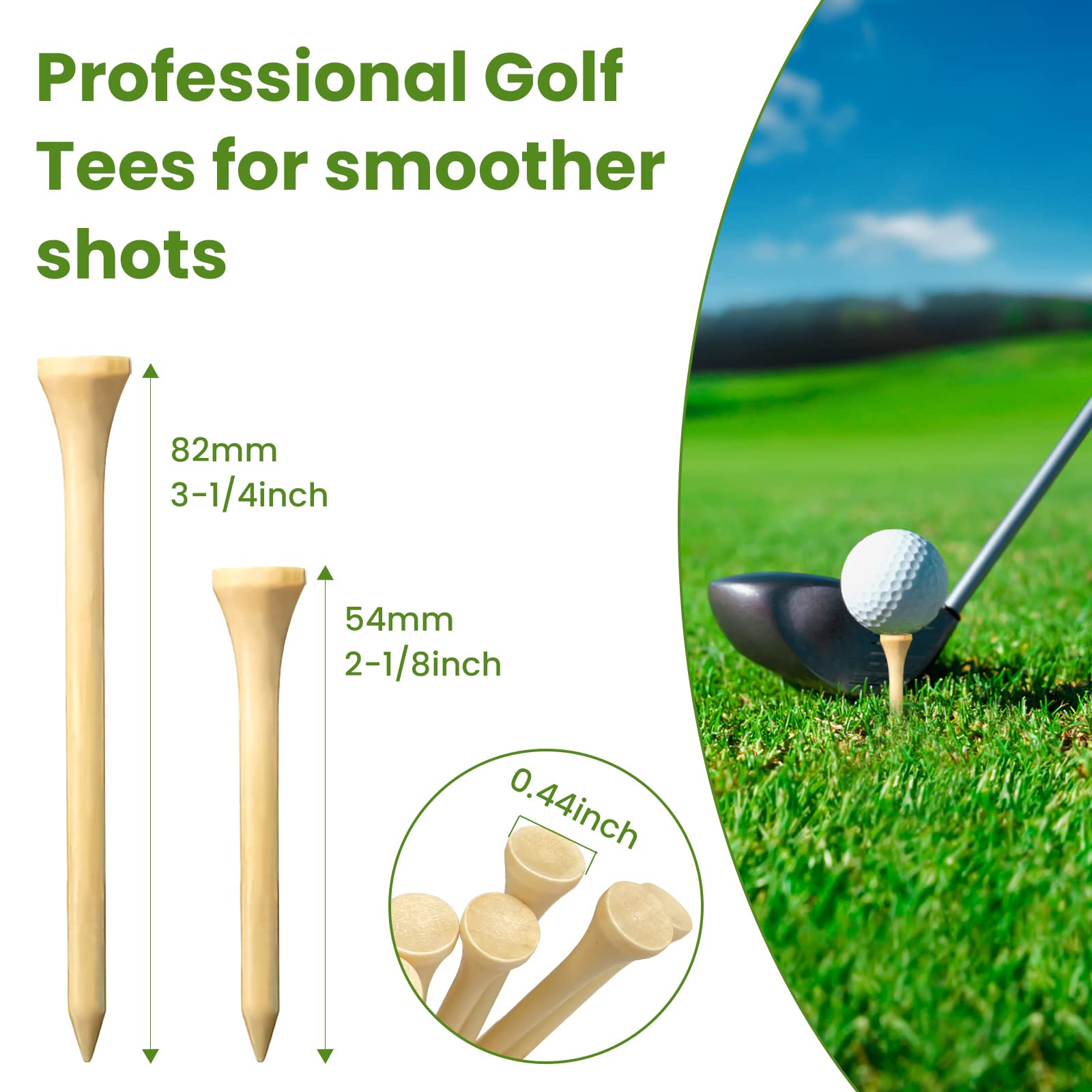 Golf Tees 3 1/4 & 2-1/8 Long Wood Golf Tees Professional Natural Golf Tee for Driver/Iron/Hybrid, Pack of 50, Reduce Friction & Side Spin