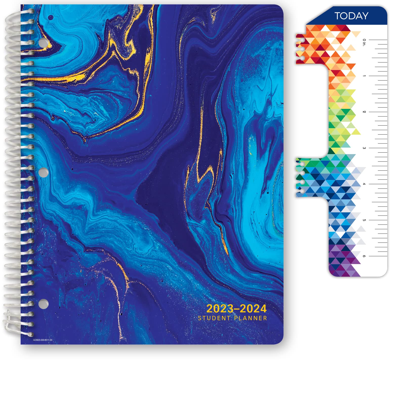 Global Datebooks Dated Middle School or High School Student Planner for Academic Year 2023-2024 Includes Ruler/Bookmark and Planning Stickers (Block Style - 5.5"x8.5" - Deep Blue Marble)