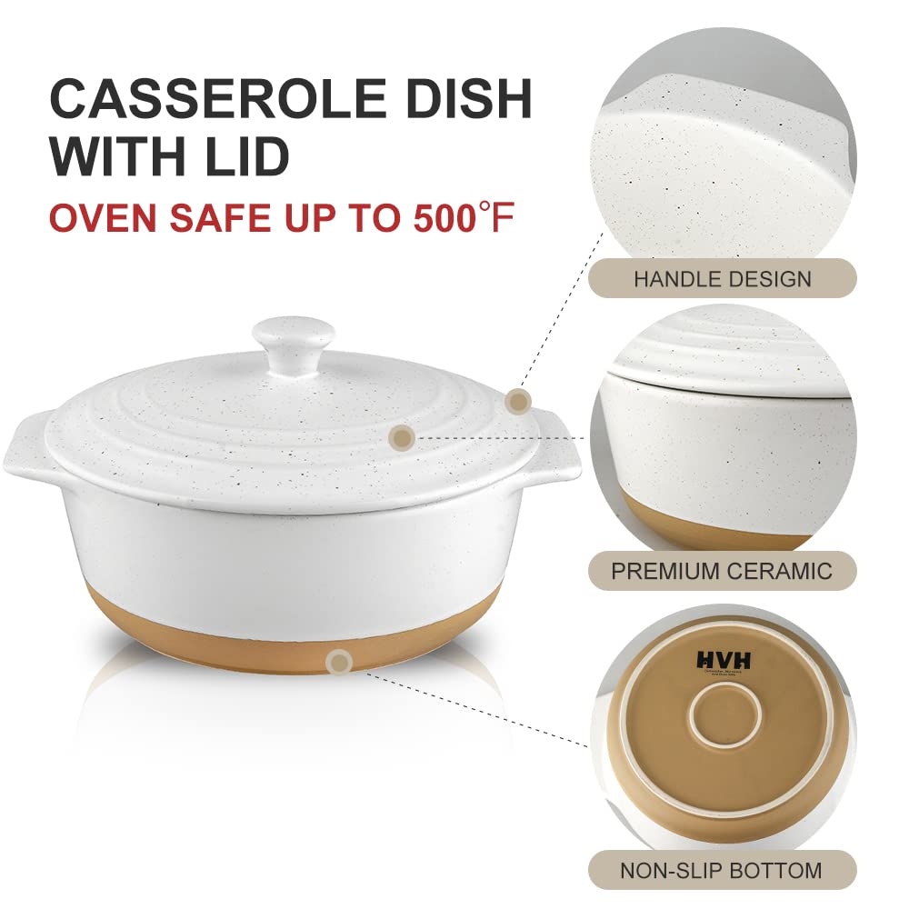 HVH Ceramic Casserole Dish with Lid Oven Safe, 2 Quart Round Casserole Dish Set, 9 Inches Round Baking Dish with Lid Oven Safe, Deep Baking Dishes for Oven with Lids for Party, Farmhouse Style (White)