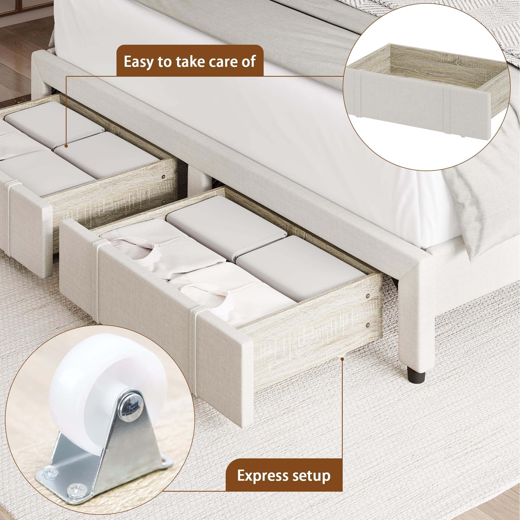 GAOMON King Size Bed Frame with 2 Storage Drawers, Upholstered Platform Bed Frame with Adjustable Button Tufted Headboard, No Box Spring Needed, Mattress Foundation with Solid Wooden Slats Support