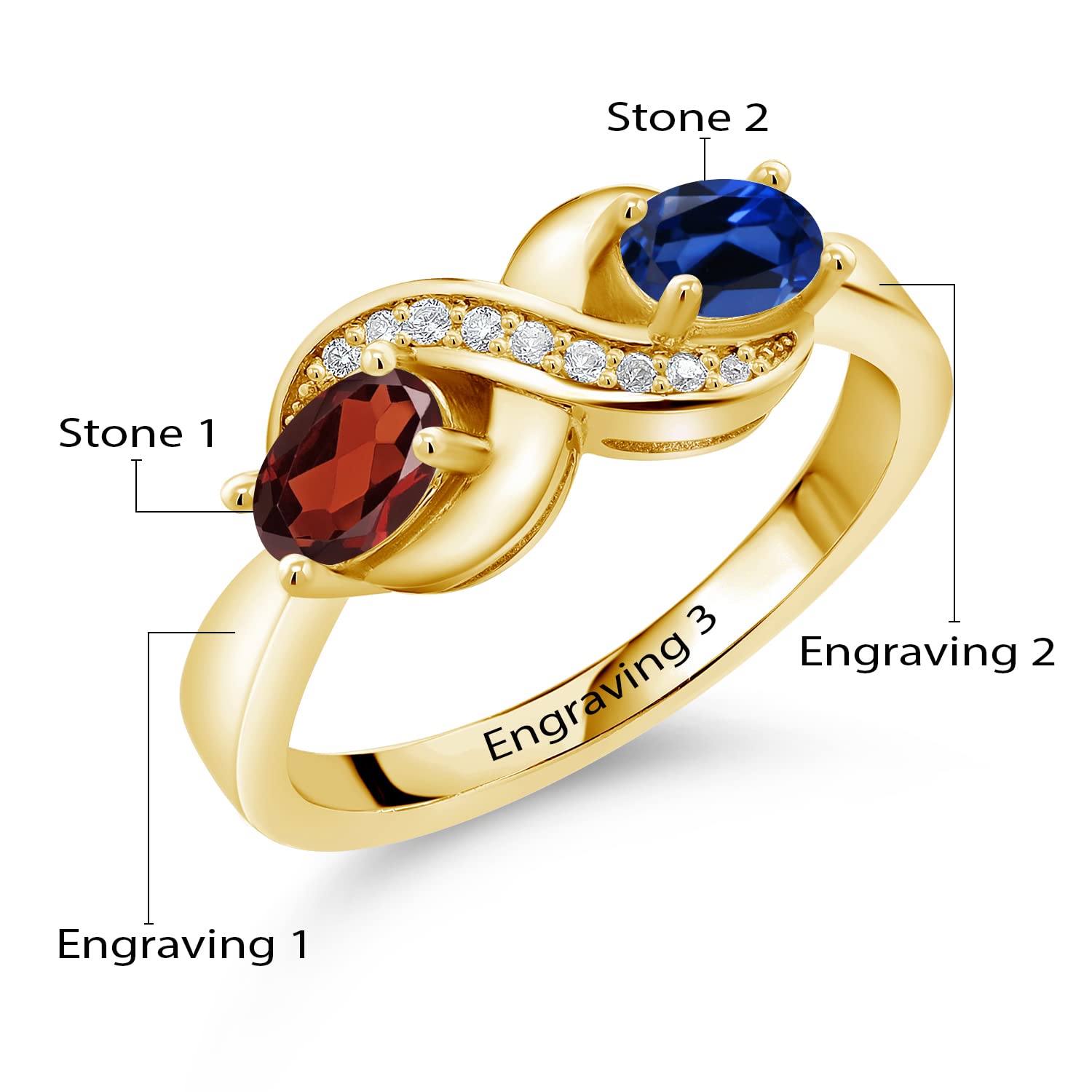 Gem Stone King 18K Yellow Gold Plated Silver Personalized Customized Engrave 2-Stone Gemstone Birthstone and White Created Sapphire Infinity Forever Love Knot Ring For Women (Size 7)
