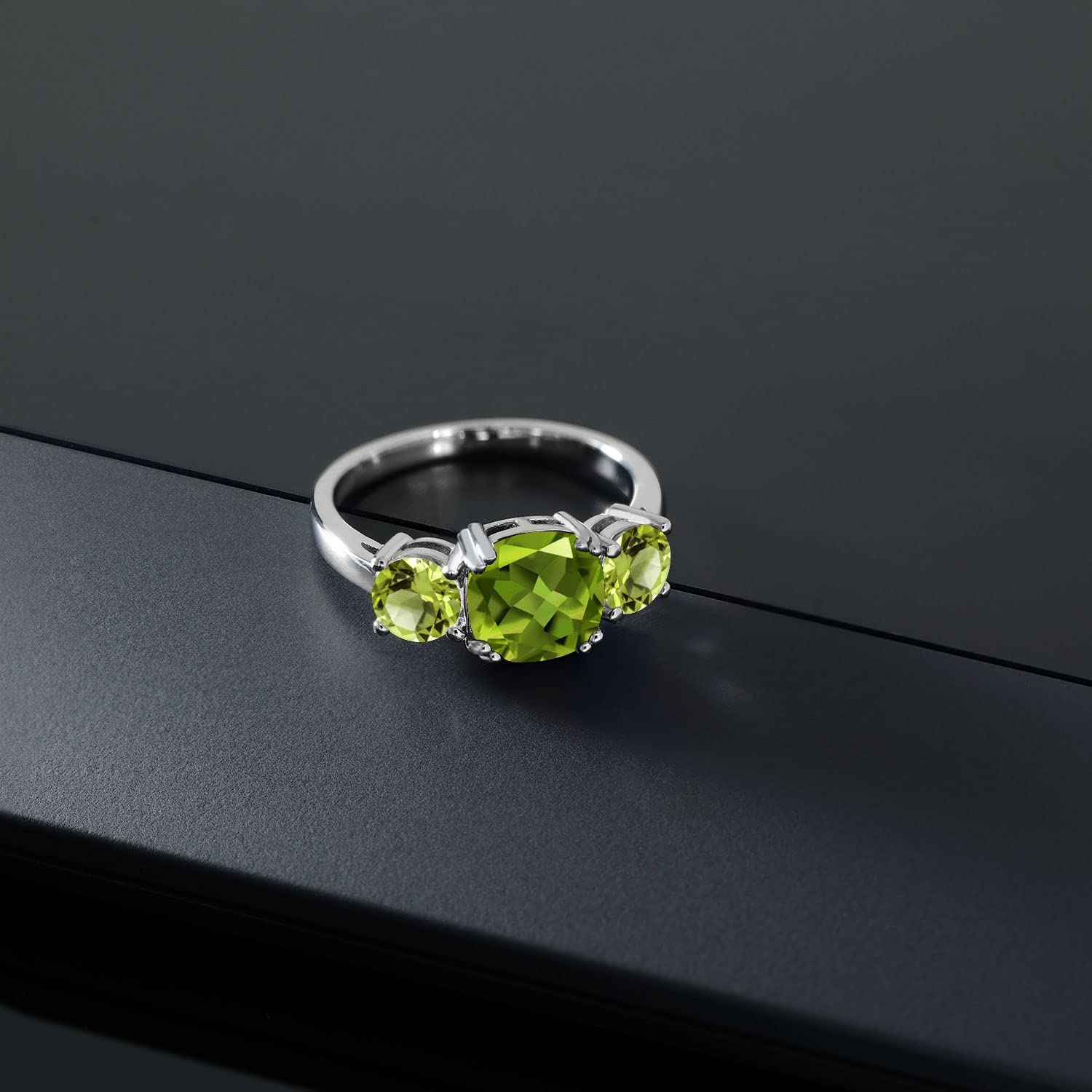 Gem Stone King 925 Sterling Silver Green Peridot 3 Stone Engagement Ring For Women (3.45 Cttw, Gemstone August Birthstone, Cushion 8MM, Size 7)