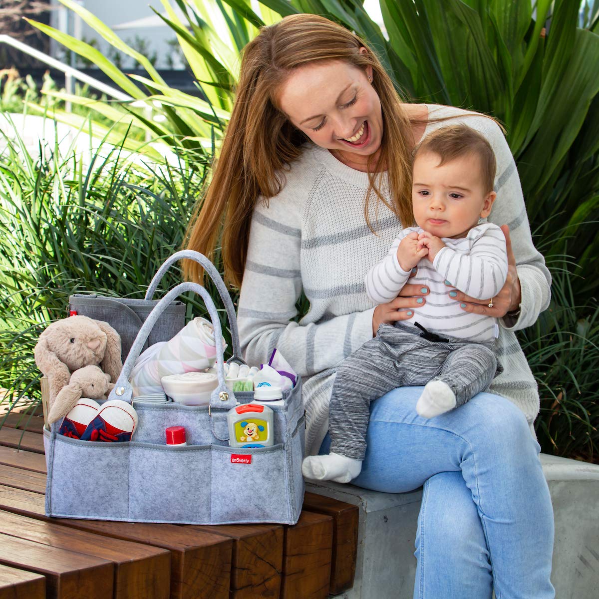 Groverly Baby Diaper Caddy Organizer - Baby Gift Basket | Portable Nursery Changing Table Storage Bag | Removable Handles Grey | Arts Craft Toy Caddy