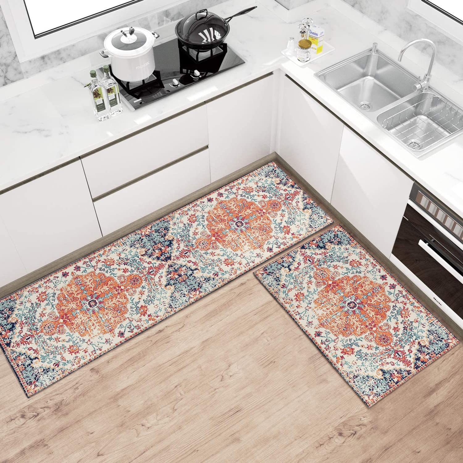 Ideasonna Boho Kitchen Rug Mat Country Rustic Farmhouse Kitchen Rugs Sets of 2 Washable Non-Slip Kitchen Floor Mats for in Front of Sink Boho Kitchen Decor