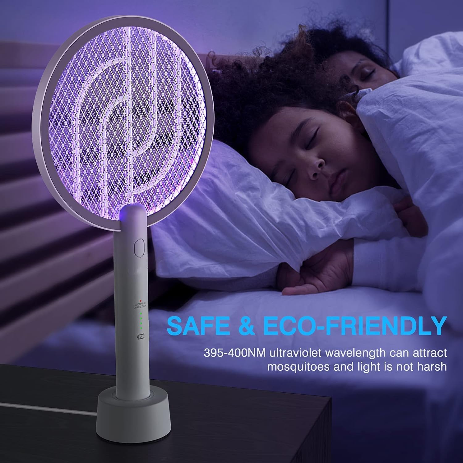 VLISBO Electric Mosquito Swatter 3000V Bug Zapper Racket Dual Modes 2 in 1 Mosquito Killer with Fly Light with USB Rechargeable Base Powerful Fly Trap Lamp for Home, Kitchen, Patio - Grey White