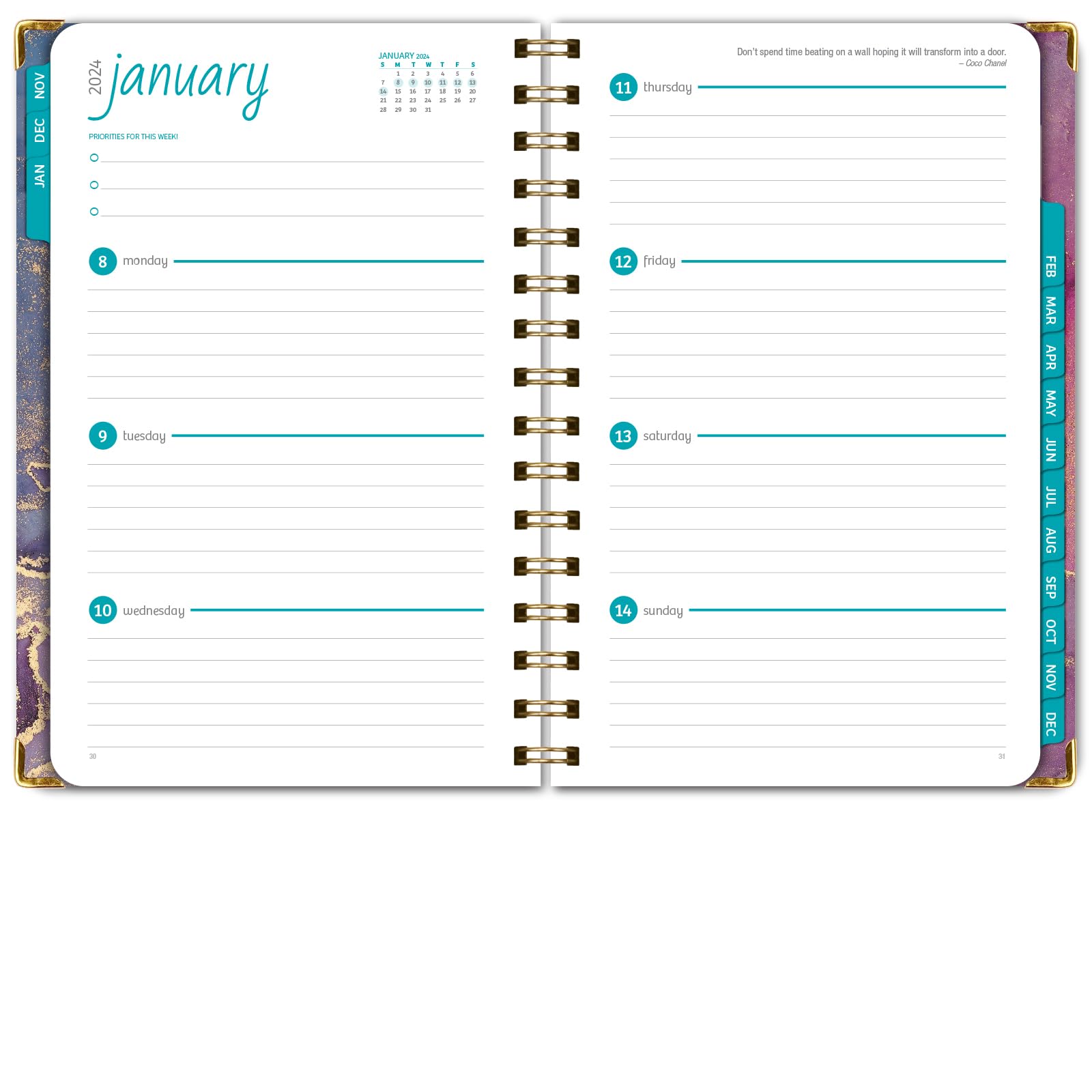 Global Printed Products HARDCOVER 2024 Planner: (November 2023 Through December 2024) 5.5"x8" Daily Weekly Monthly Planner Yearly Agenda Bookmark, Pocket Folder & Sticky Note Set (Pink Purple Marble)