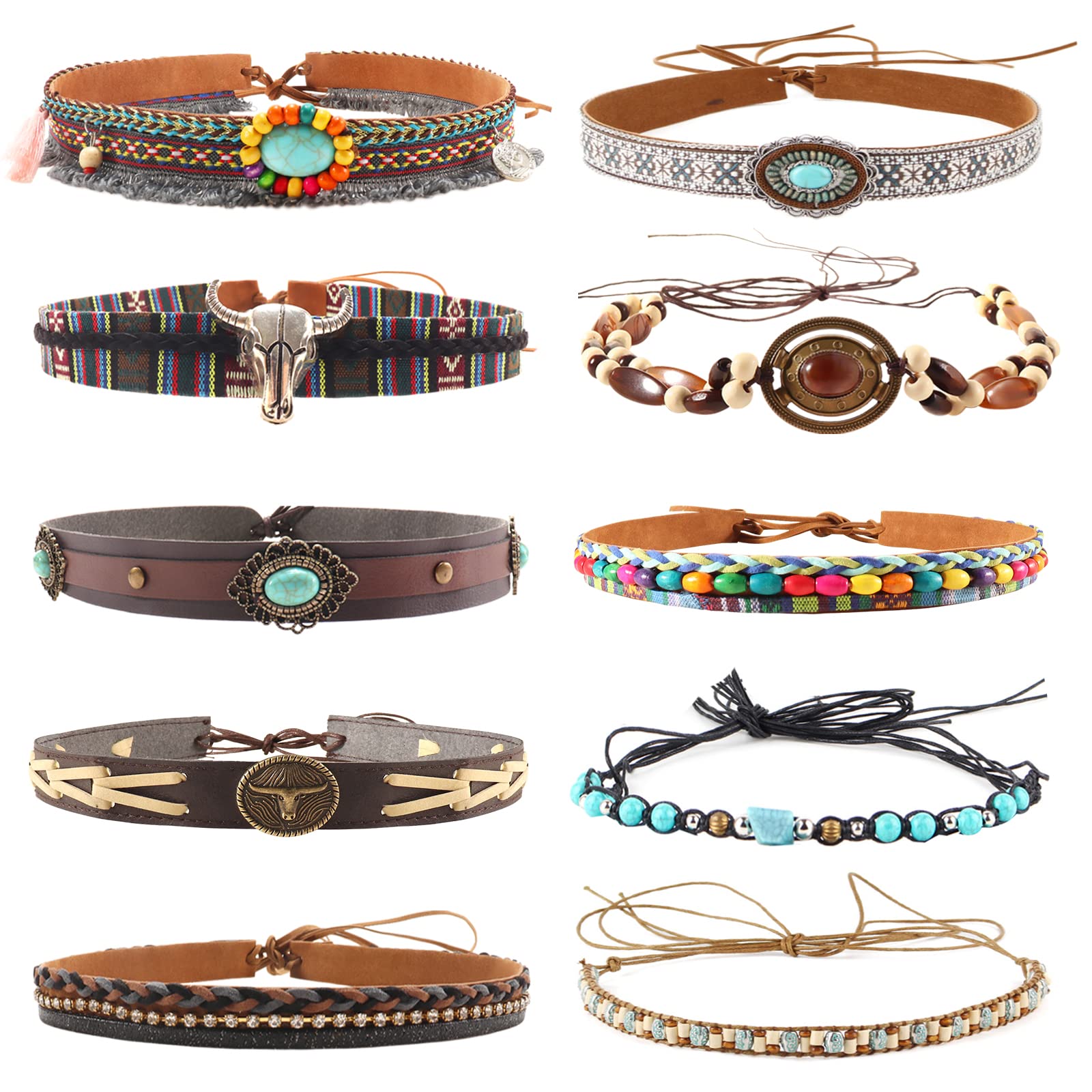 Homiton 10Pcs Cowboy Hat Band Replacement Handmade Ethnic Western Hat Belts for Straw Felt Fedora Panama Hats(10PCS Hatband)