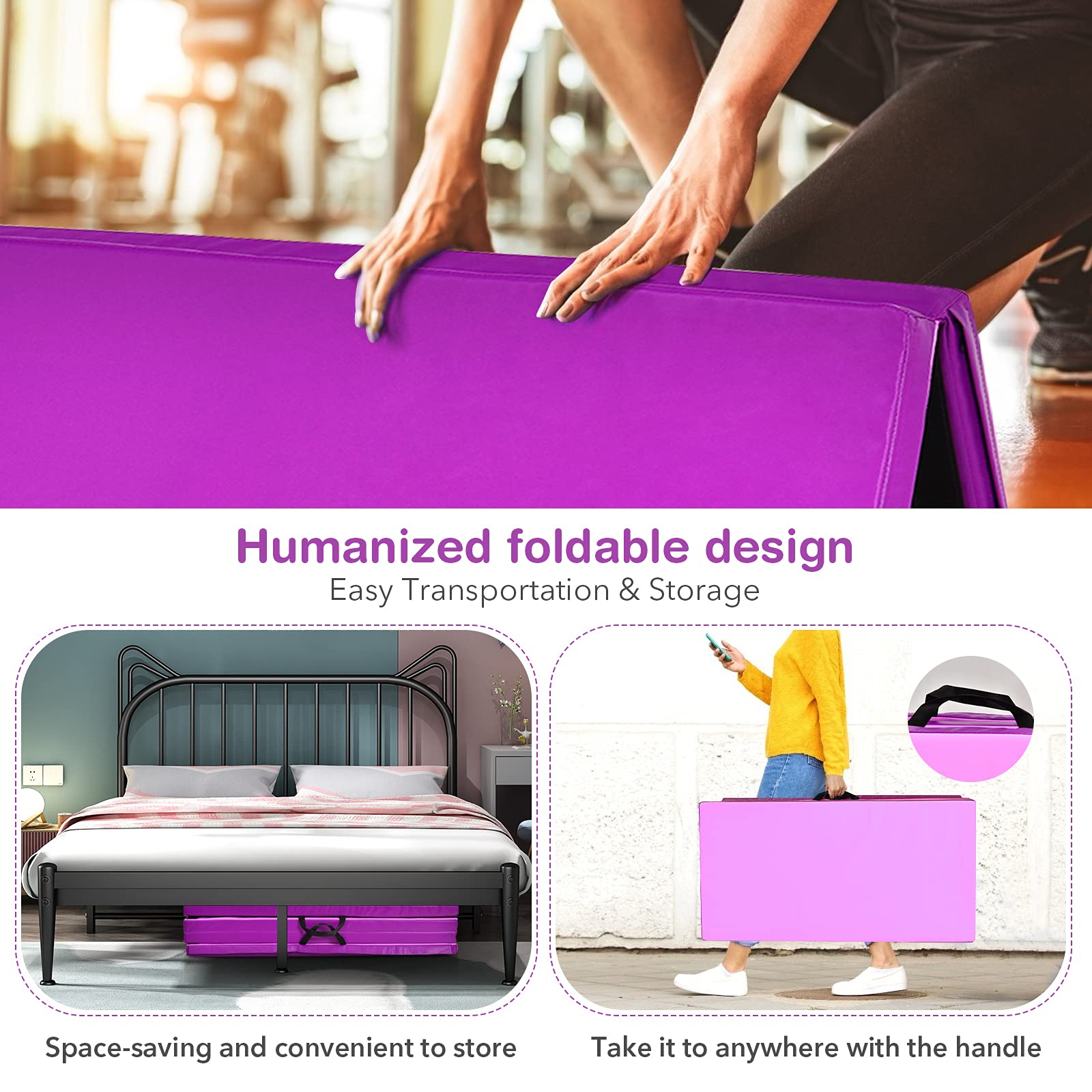 Giantex 4' x 8' x 2" Folding Gymnastics Mat, Gym Exercise Pad with Carrying Handles, Hook and Loop Fastener, 4 Panel Tumbling Mat for Yoga, Stretching, Workouts (Pink/Purple)