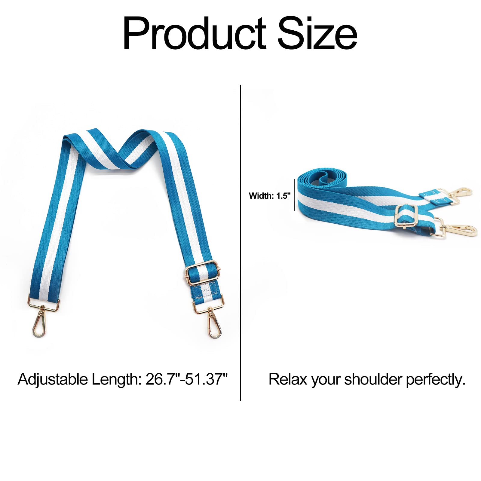 Haftigts Wide Purse Strap Replacement Crossbody, Adjustable Detachable Stripe Straps, Golden Buckle & Hook Bag Strap, Blue